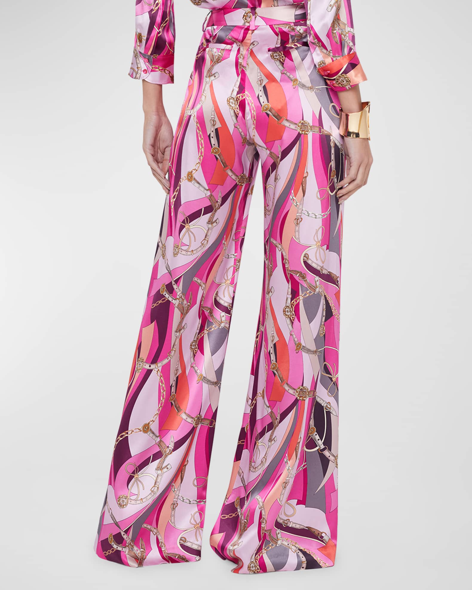 L'Agence Buckle Swirl Pilar Wide-Leg Silk Pants | Neiman Marcus