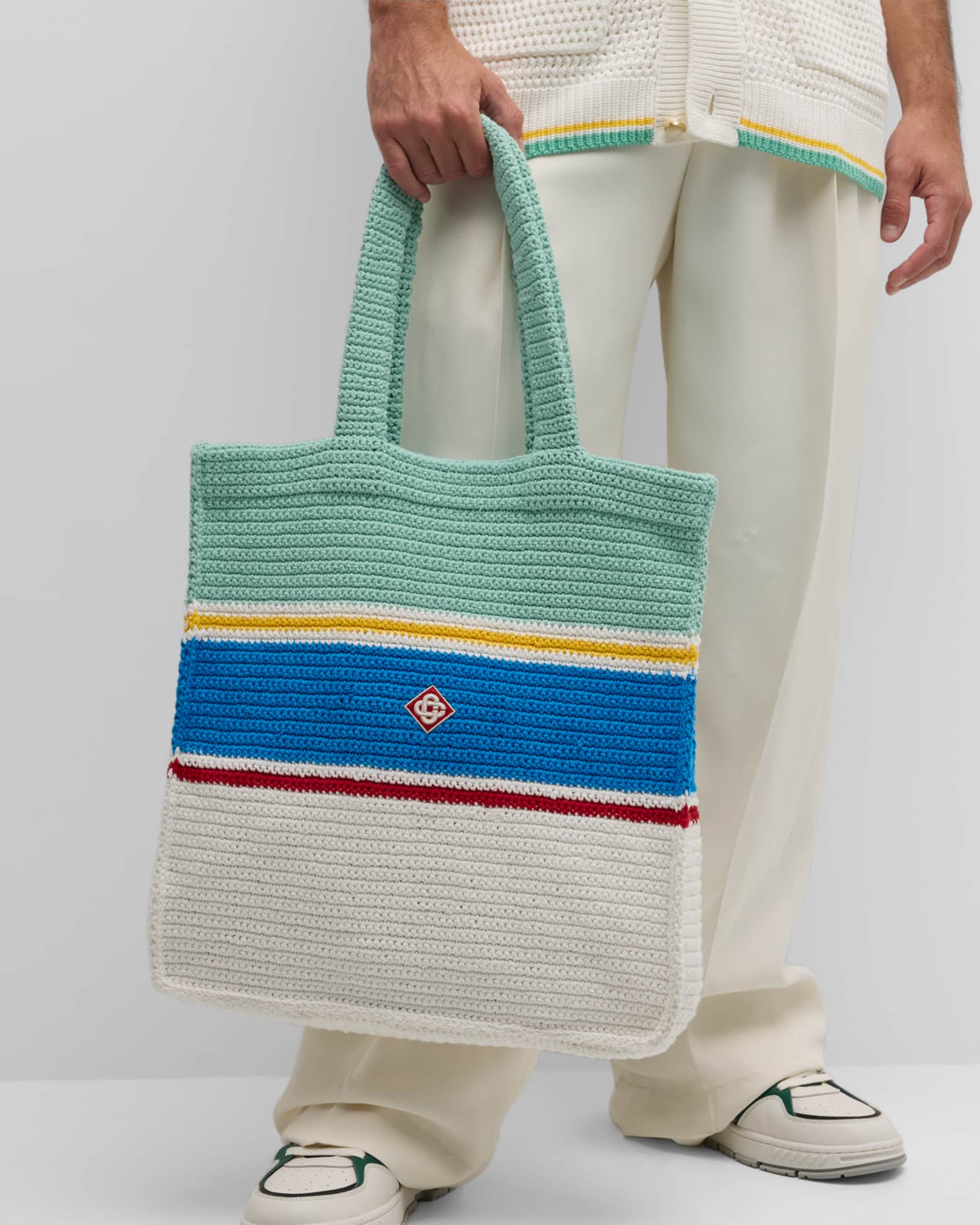 CASABLANCA Men's Cotton Stripe Crochet Tote Bag | Neiman Marcus