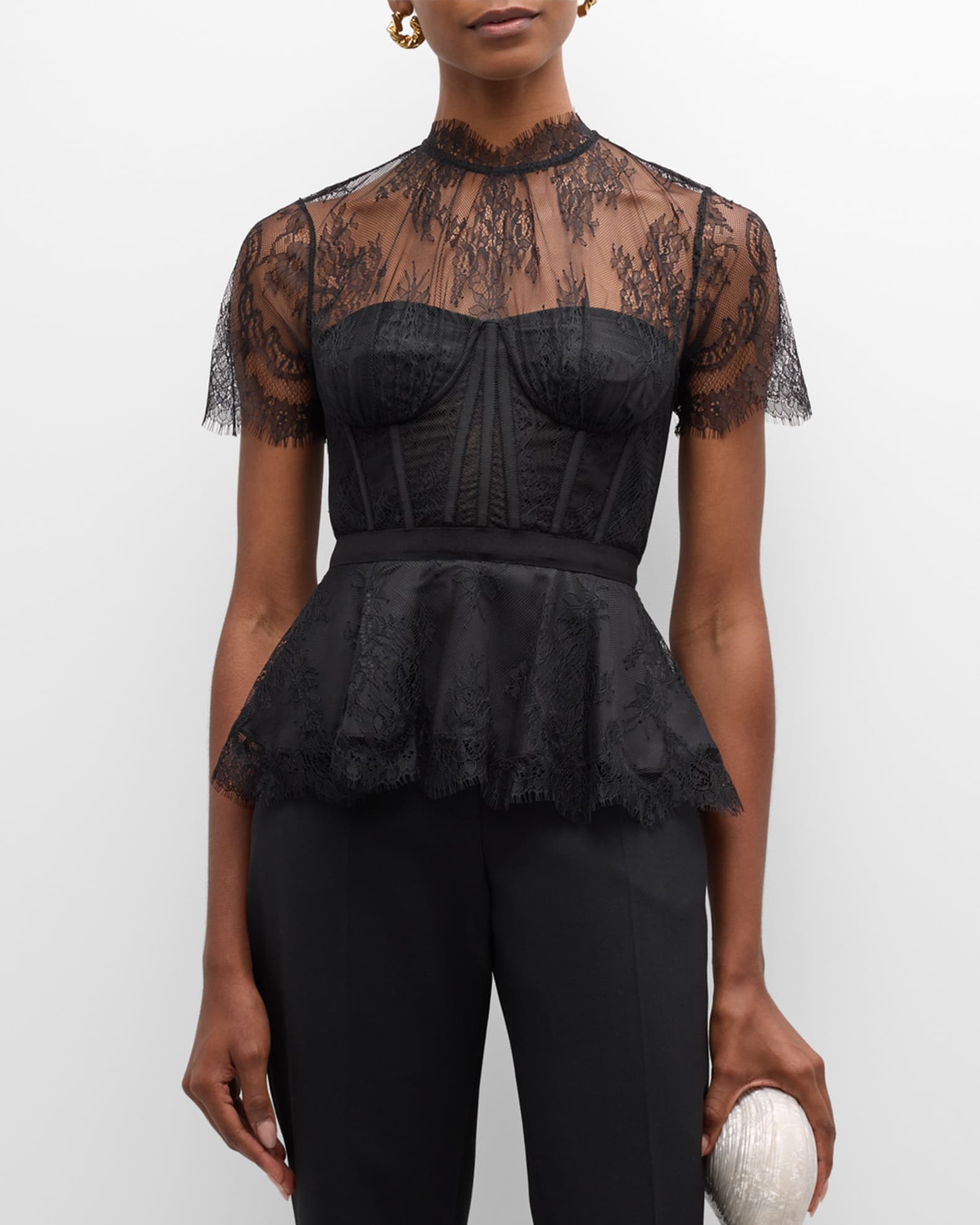 SIMKHAI Kehlani Sheer Lace Short-Sleeve Peplum Bustier Top | Neiman Marcus