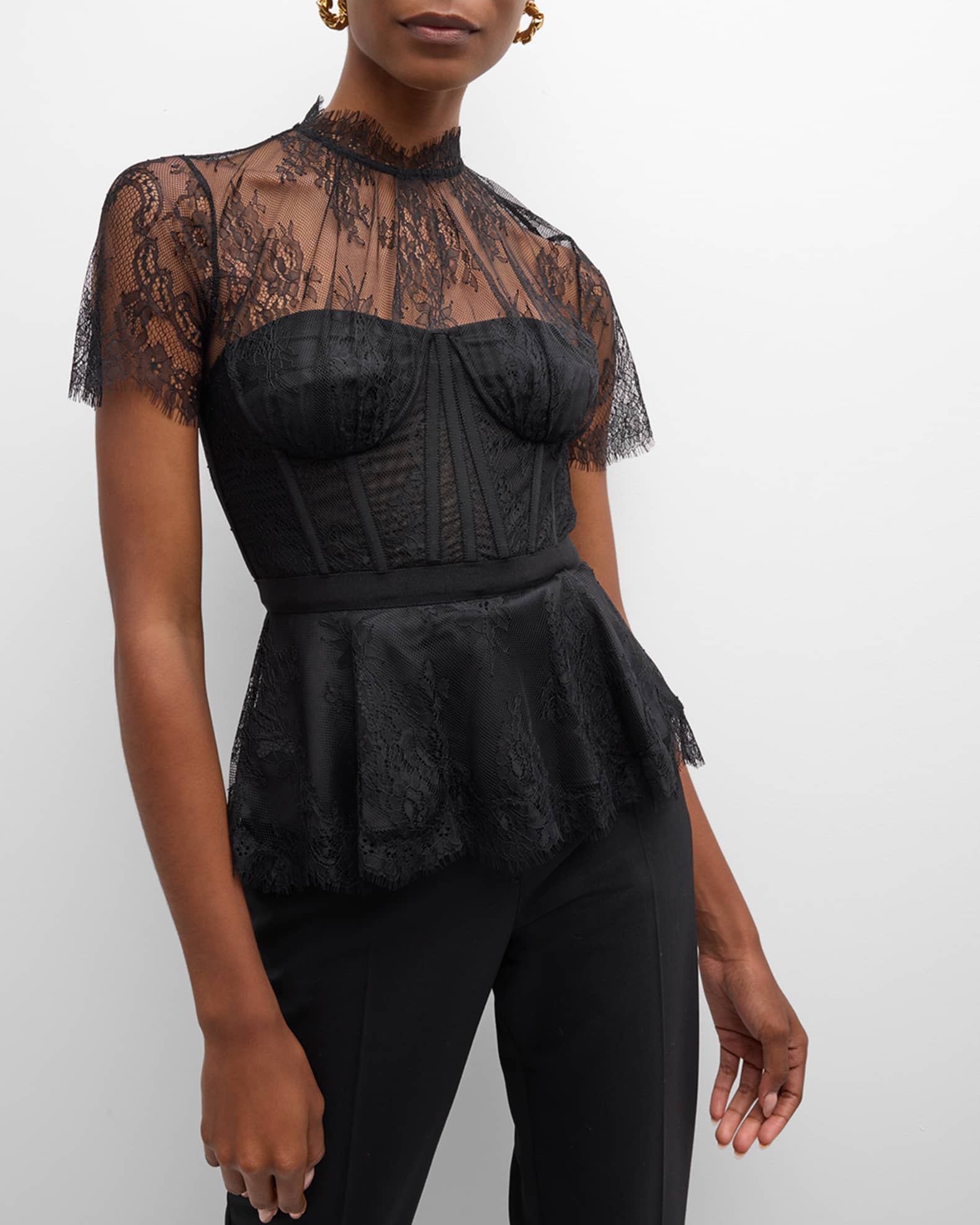 SIMKHAI Kehlani Sheer Lace Short-Sleeve Peplum Bustier Top | Neiman Marcus