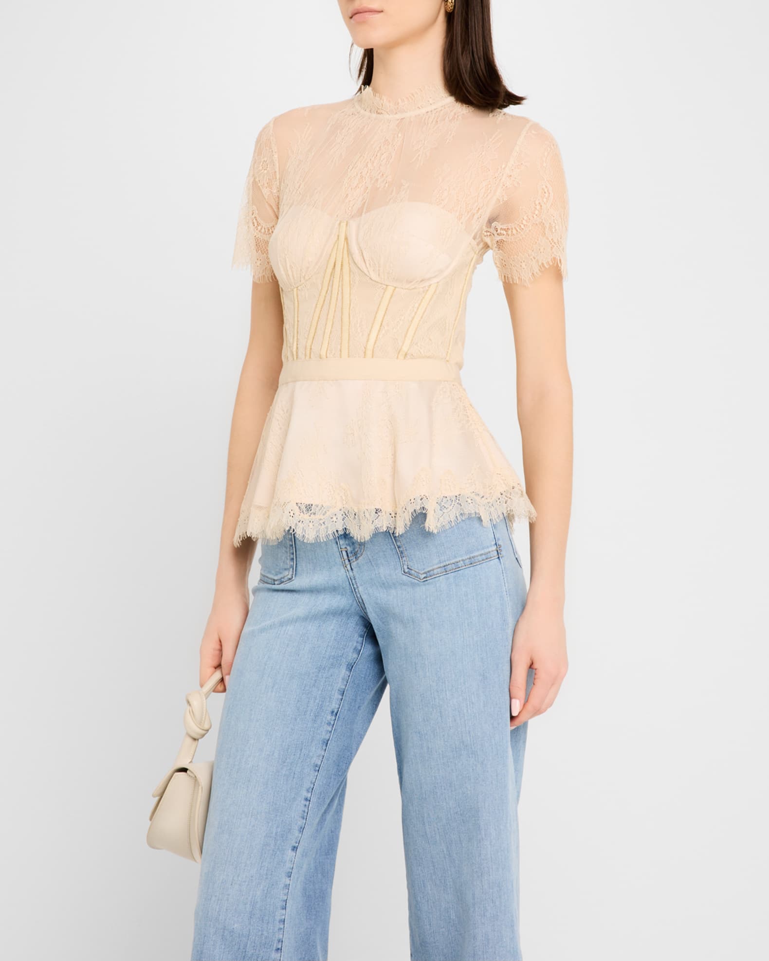 SIMKHAI Kehlani Sheer Lace Short-Sleeve Peplum Bustier Top | Neiman Marcus