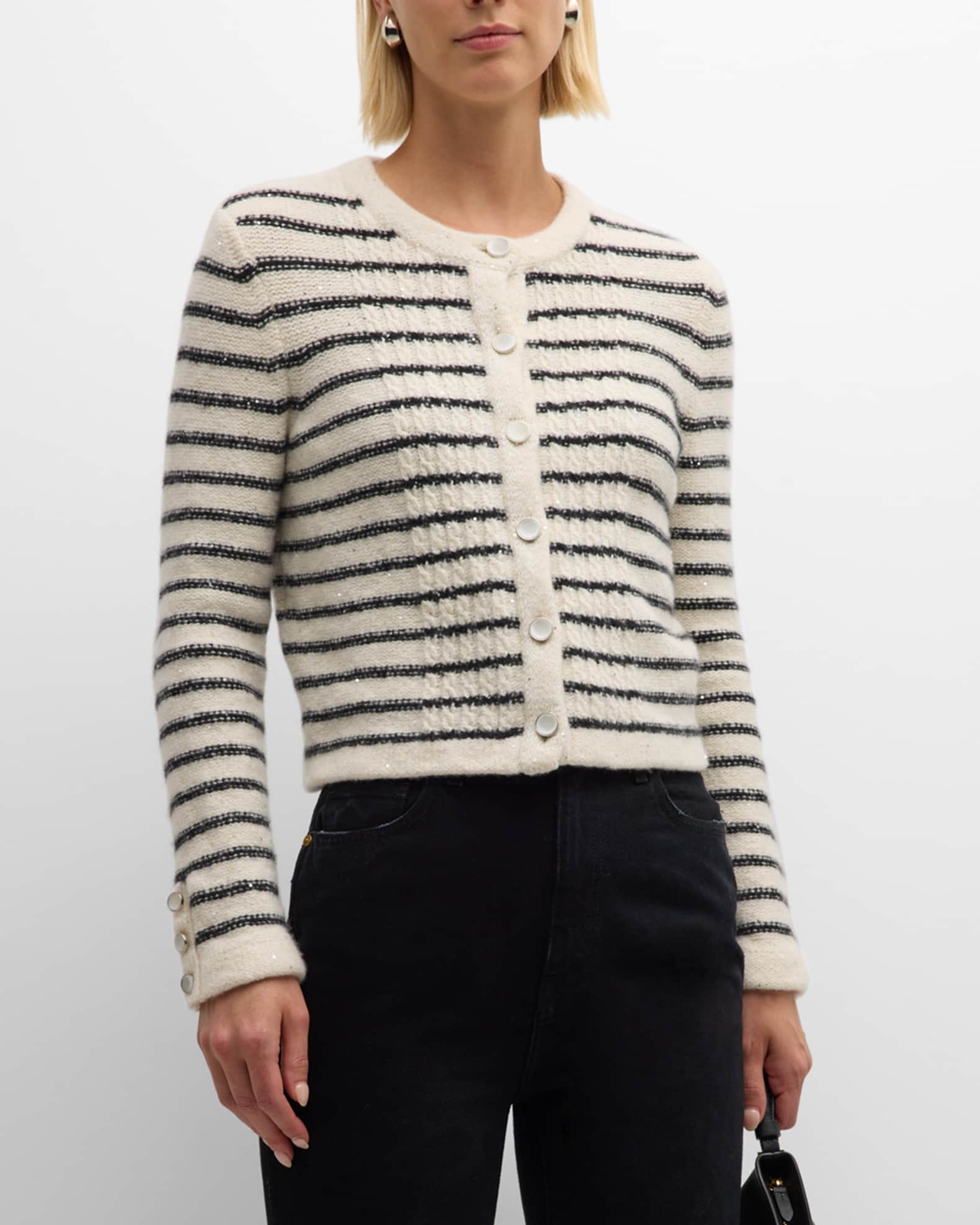 Autumn Cashmere Striped Cable-Knit Sequined Cashmere Jacket | Neiman Marcus