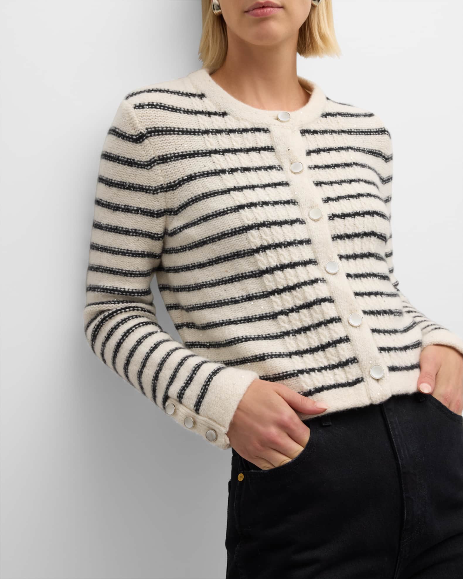 Autumn Cashmere Striped Cable-Knit Sequined Cashmere Jacket | Neiman Marcus