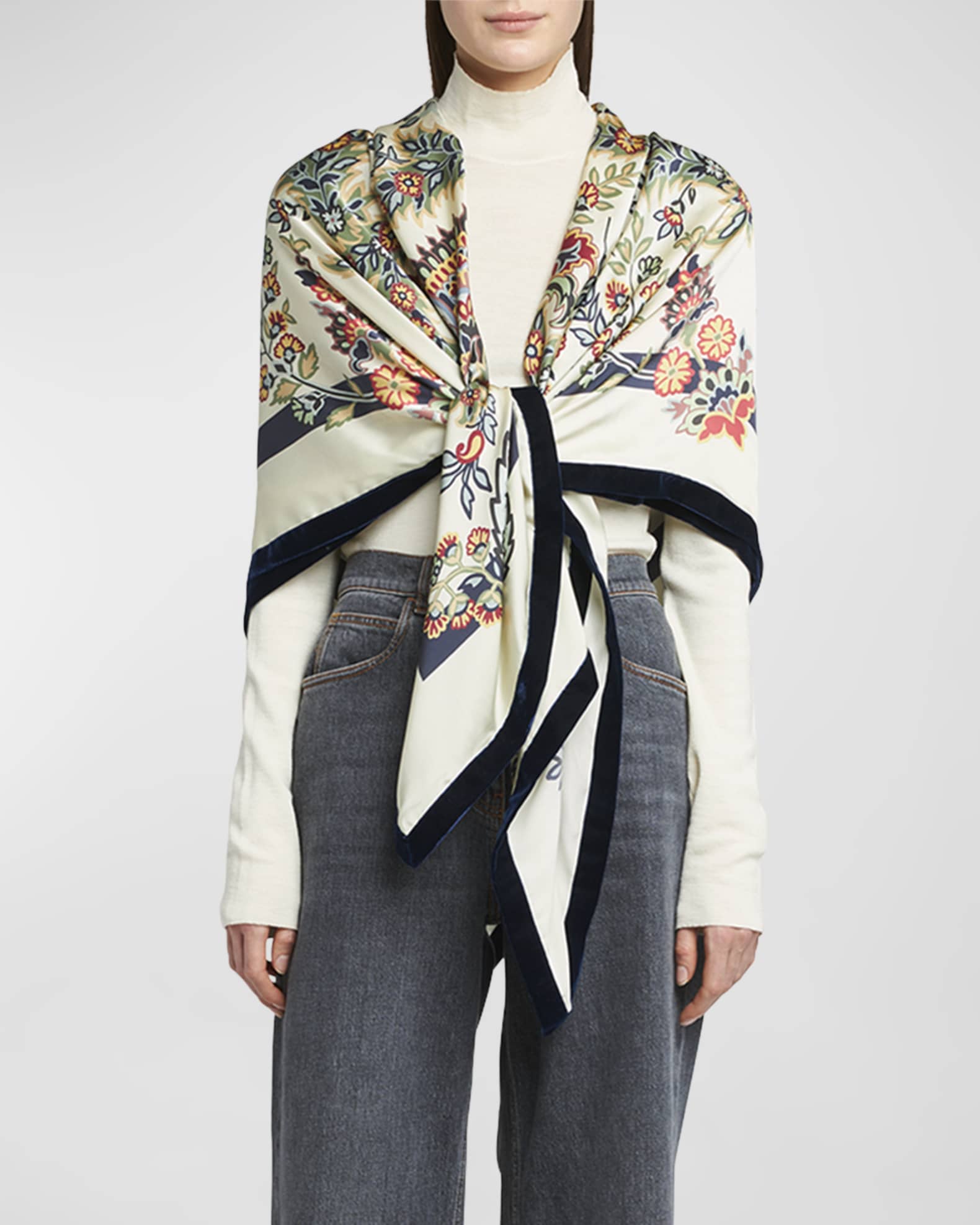 Etro Floral Silk Shawl With Velvet Trim | Neiman Marcus