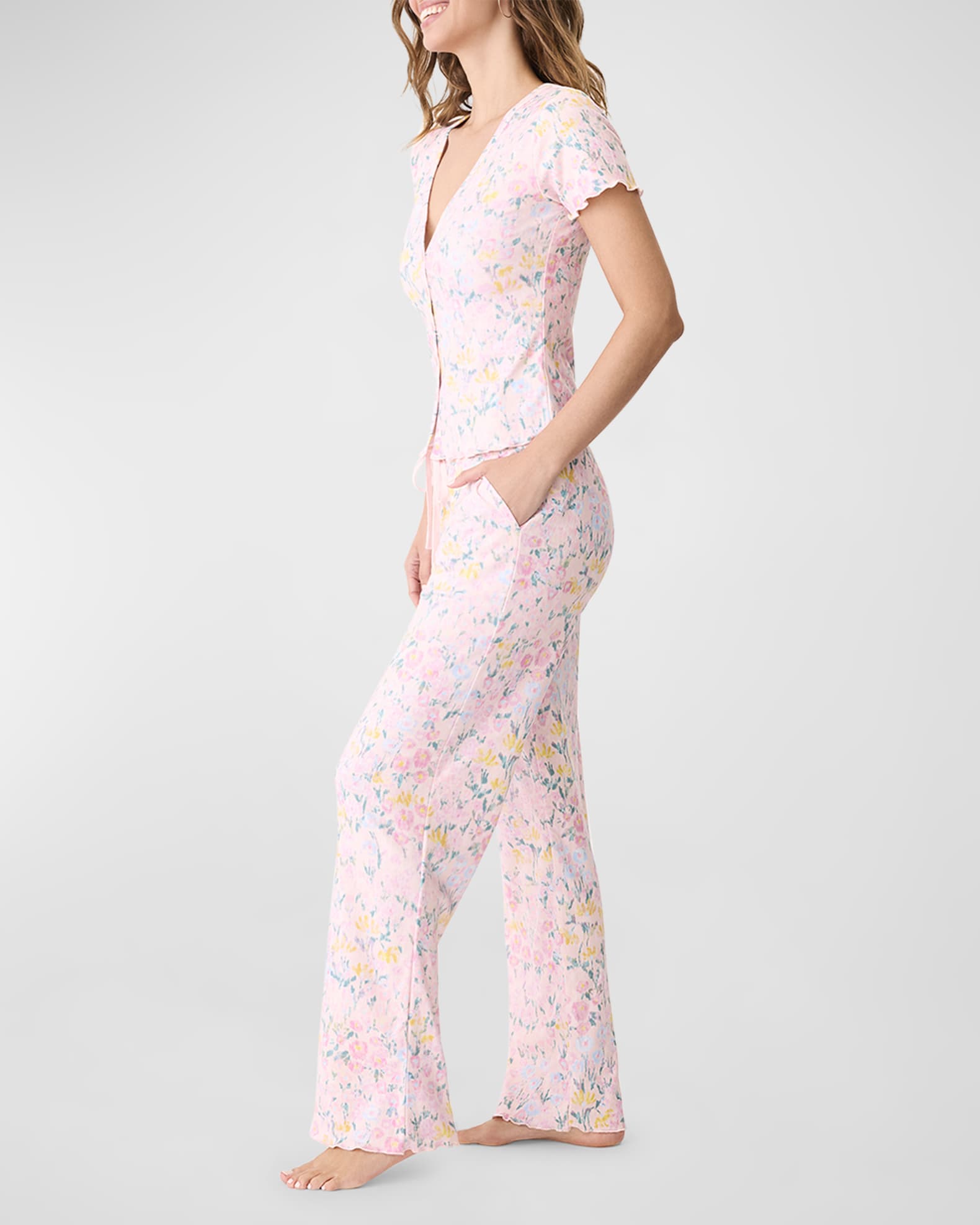 PJ Salvage Floral Fields Button-Down Pajama Set | Neiman Marcus