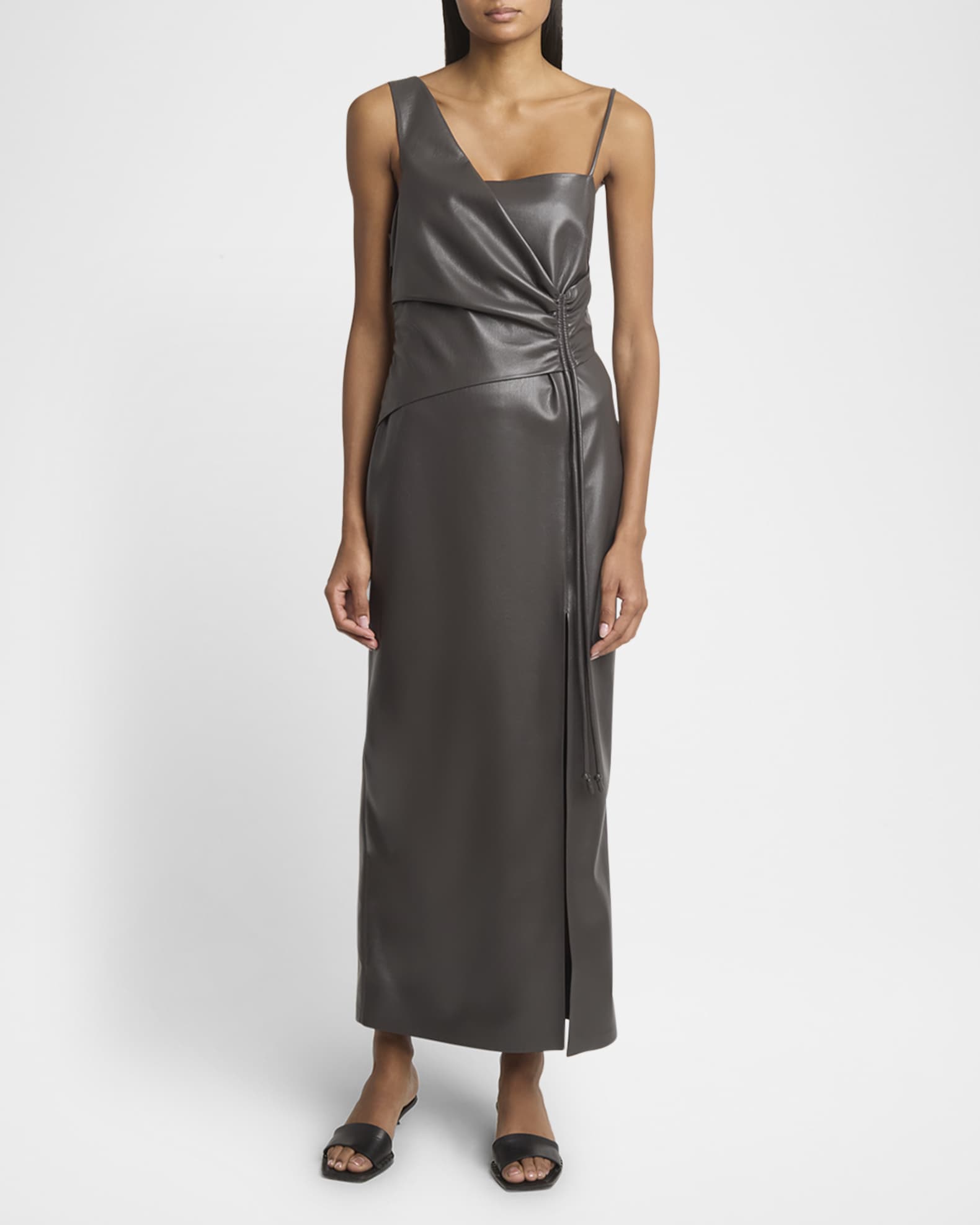 Nanushka Fenera Asymmetric Alt-Leather Midi Dress | Neiman Marcus