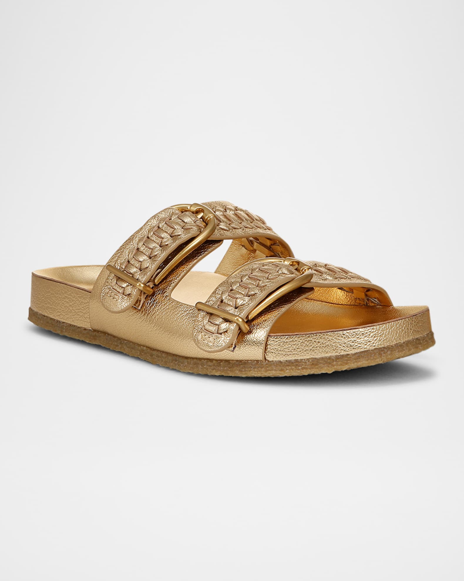 Veronica Beard Paige Woven Metallic Dual-Buckle Slide Sandals | Neiman ...