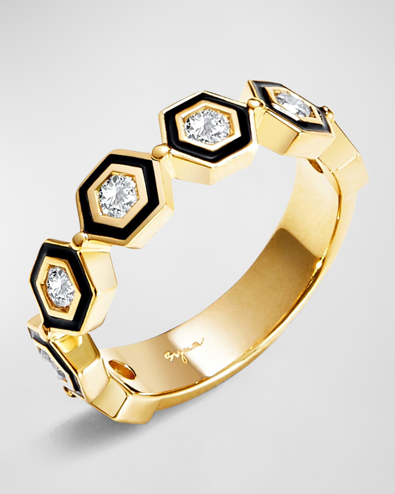 Syna 18K Yellow Gold Hex Ring with Black Enamel and Diamonds, Size 6.5 ...