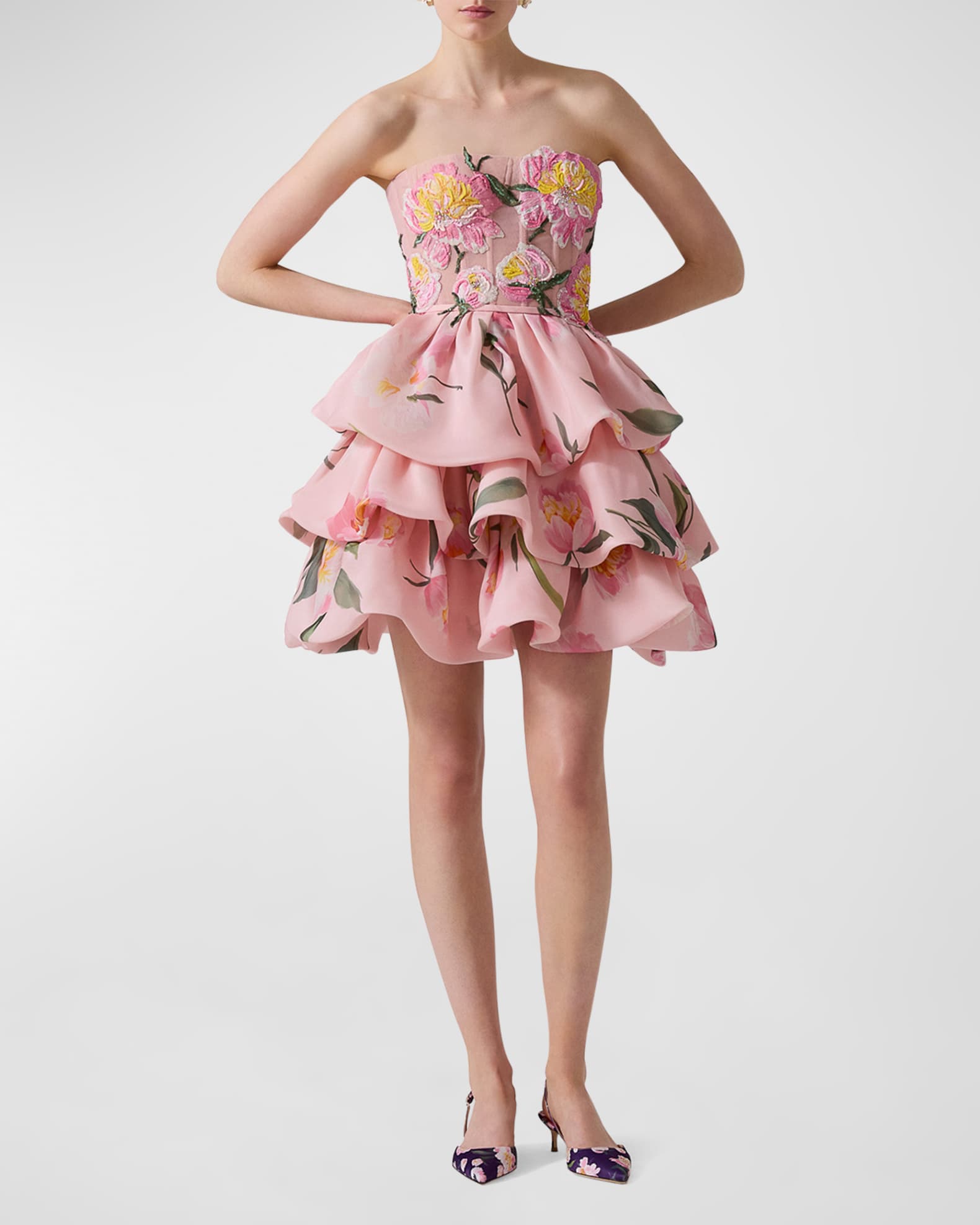 Carolina Herrera Floral Embroidered Strapless Ruffled Mini Dress ...