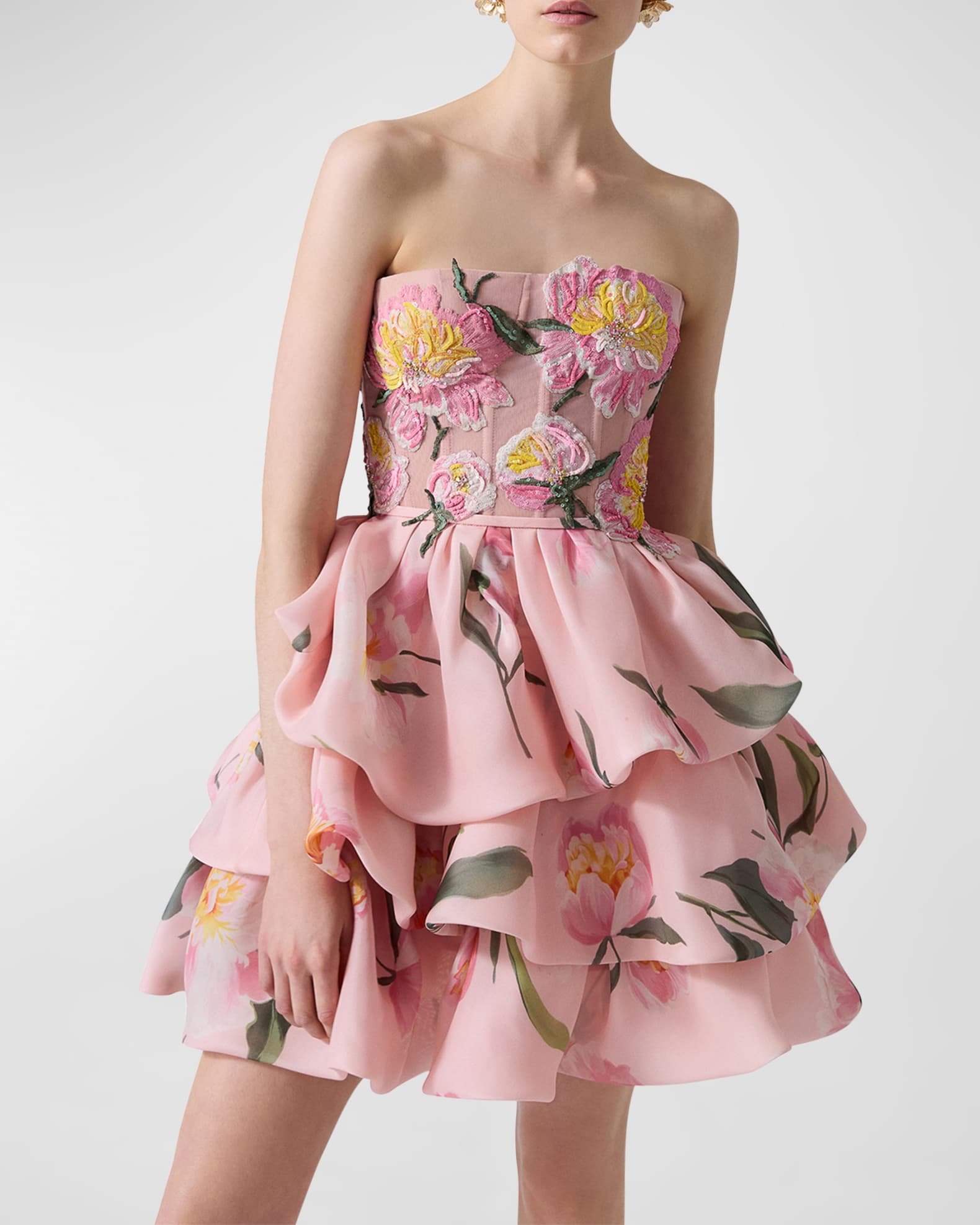 Carolina Herrera Floral Embroidered Strapless Ruffled Mini Dress ...