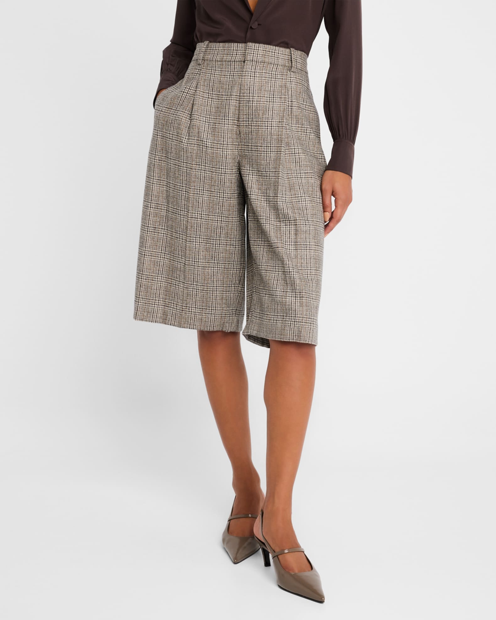 Vince Wide-Leg Wool-Blend Plaid Shorts | Neiman Marcus