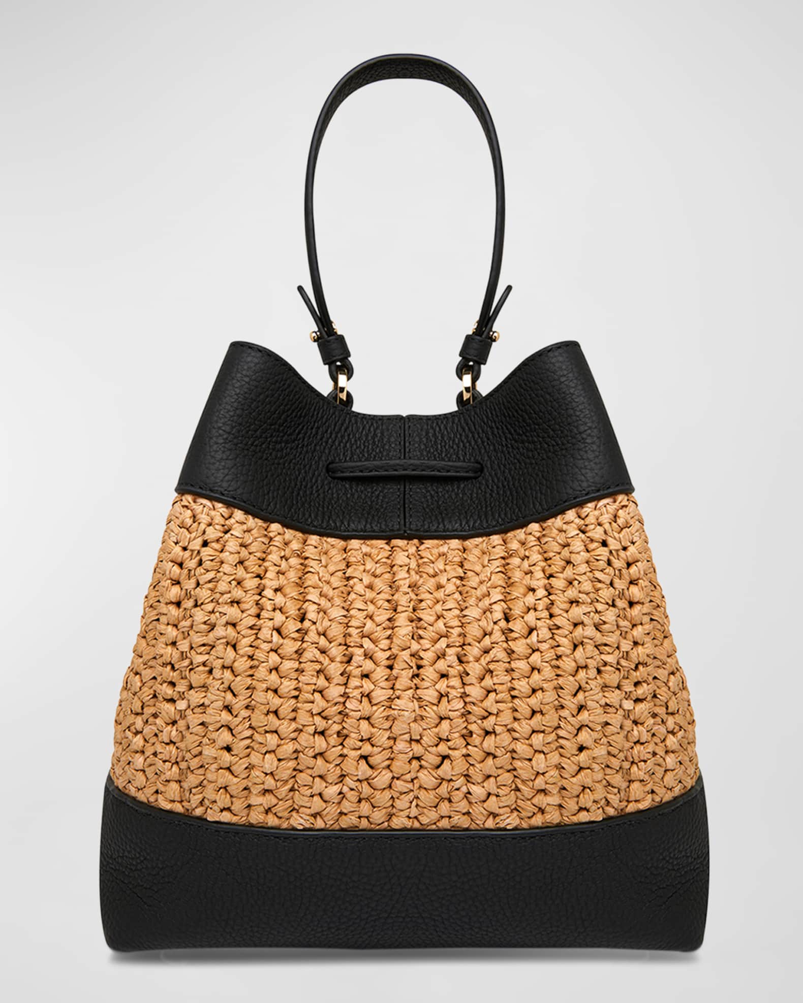 STRATHBERRY Lana Osette Midi Raffia & Leather Bucket Bag | Neiman Marcus