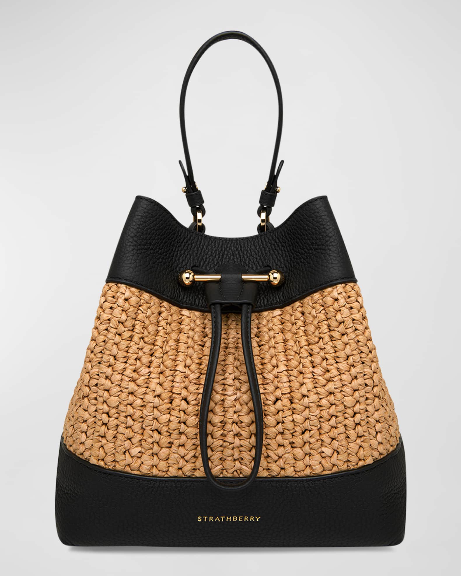 STRATHBERRY Lana Osette Midi Raffia & Leather Bucket Bag | Neiman Marcus