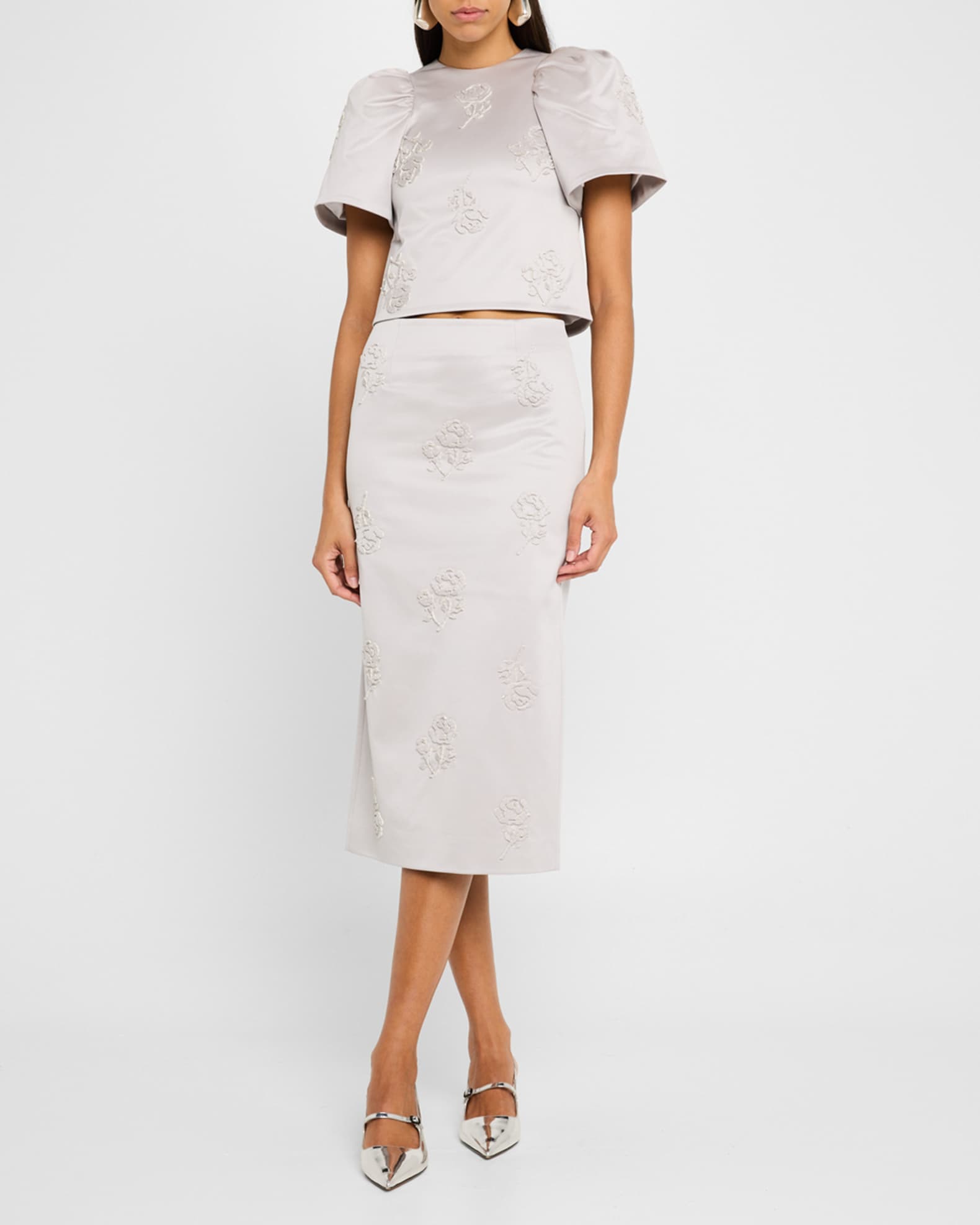SHUSHU/TONG Stereo Rose Embellished Midi Skirt | Neiman Marcus