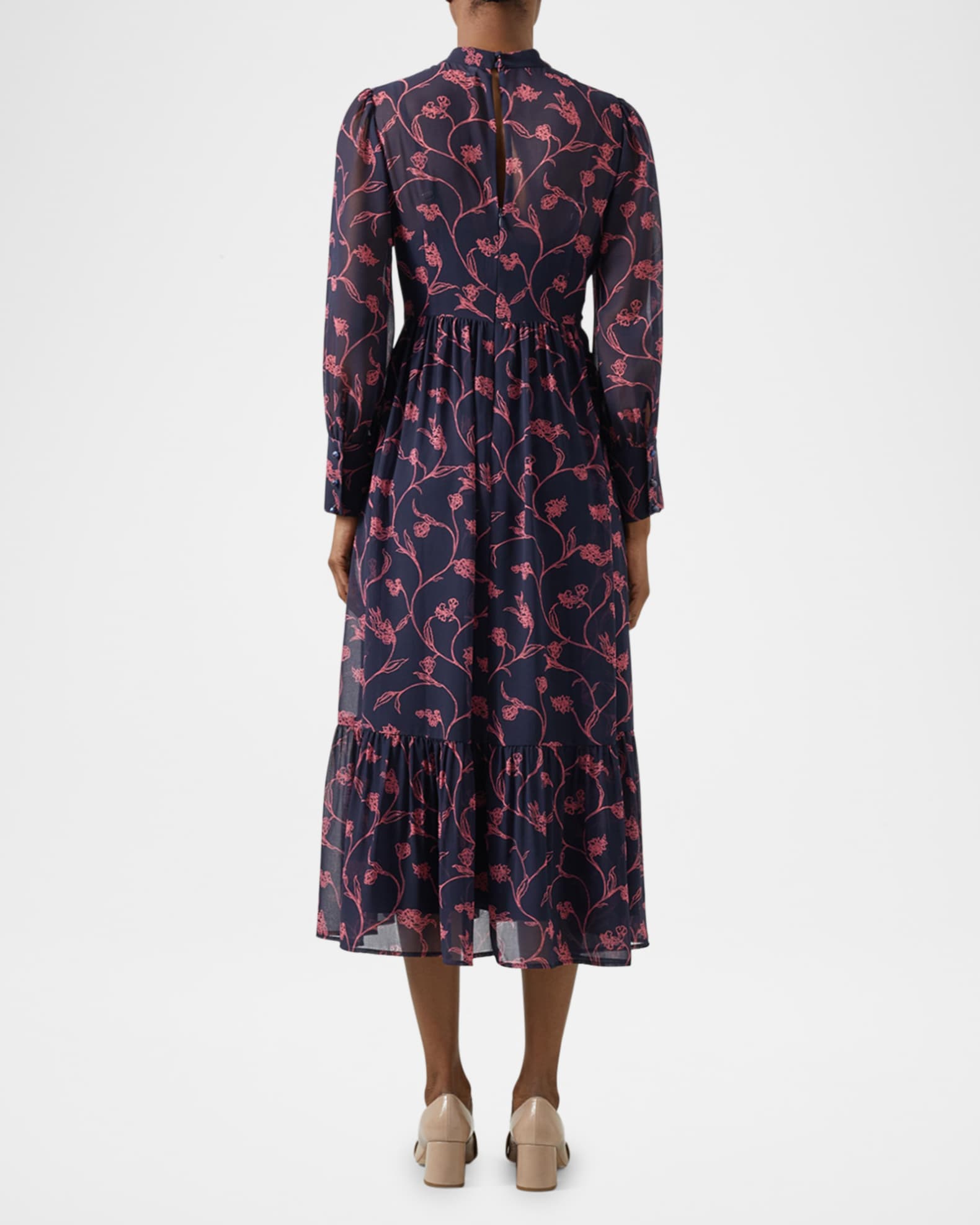 LK Bennett Selina Floral-Print Flounce Midi Dress | Neiman Marcus