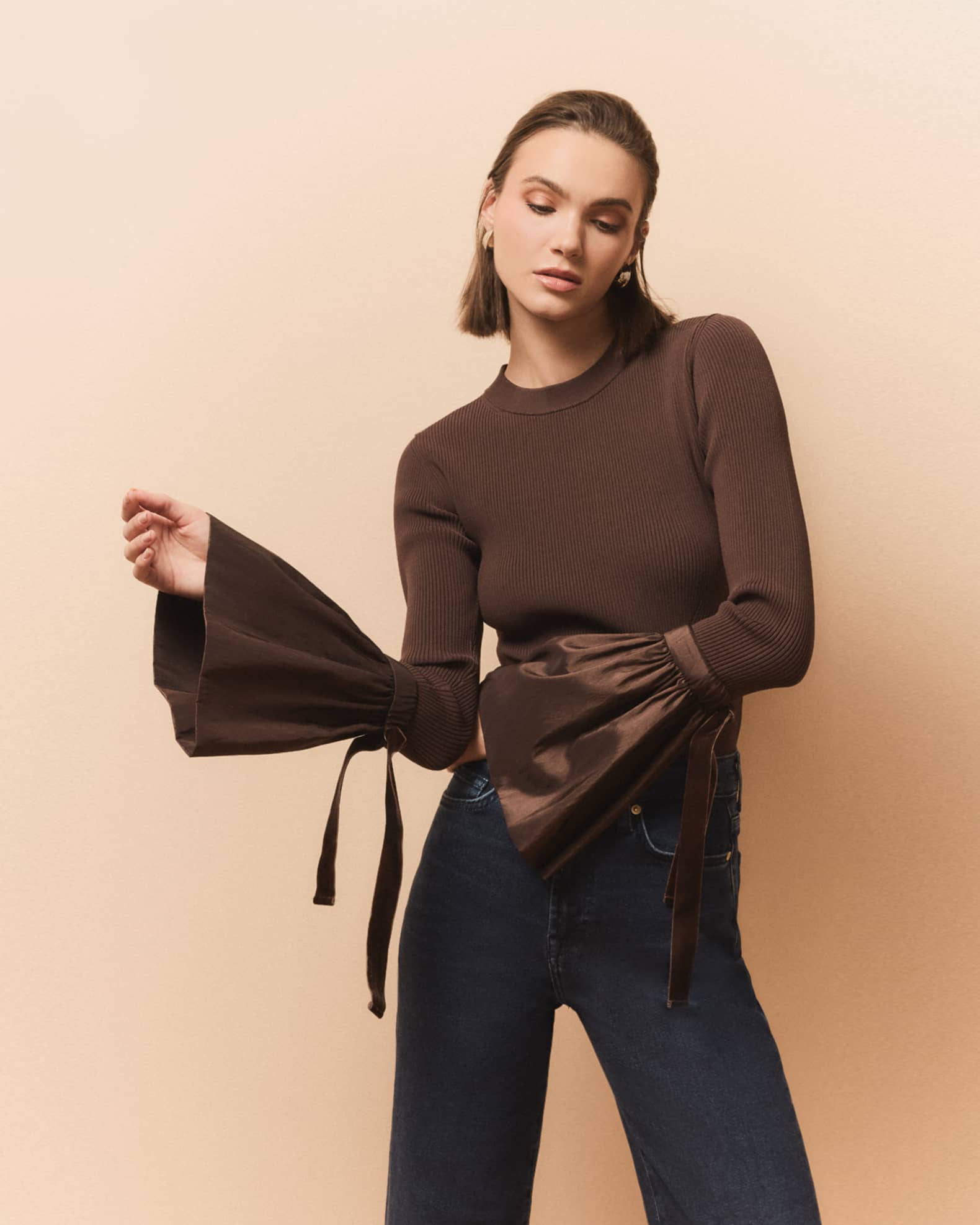 SIMKHAI Agata Flared-Sleeve Fitted Knit Top | Neiman Marcus