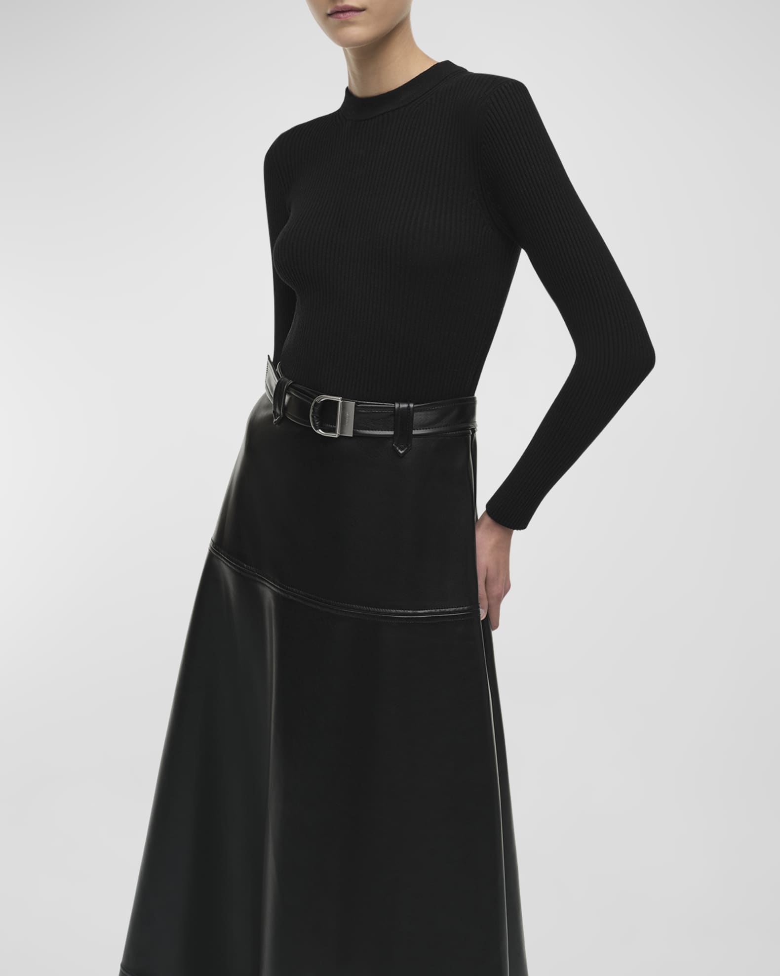 SIMKHAI Ulyssia Belted Knit and Faux-Leather Combo Midi Dress | Neiman ...