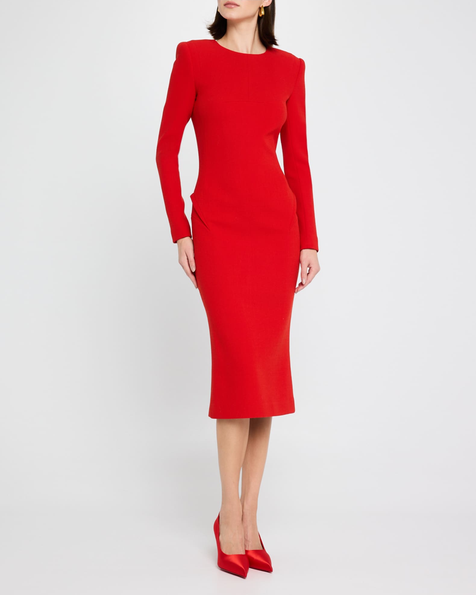Sergio Hudson Pleated-Back Long-Sleeve Stretch Wool Crepe Midi Dress ...