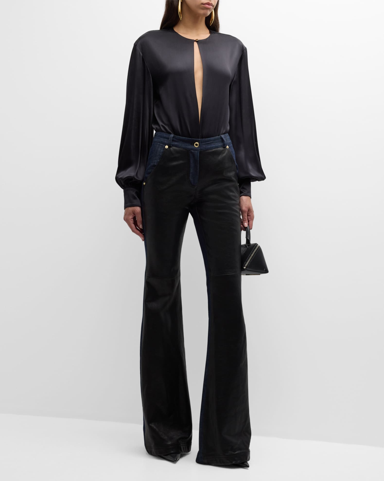 Sergio Hudson Leather Front Denim Flared Pants | Neiman Marcus