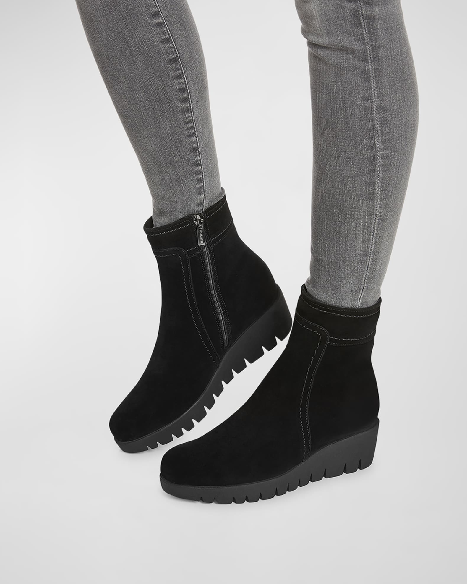 La Canadienne Token Zip Suede Wedge Booties | Neiman Marcus