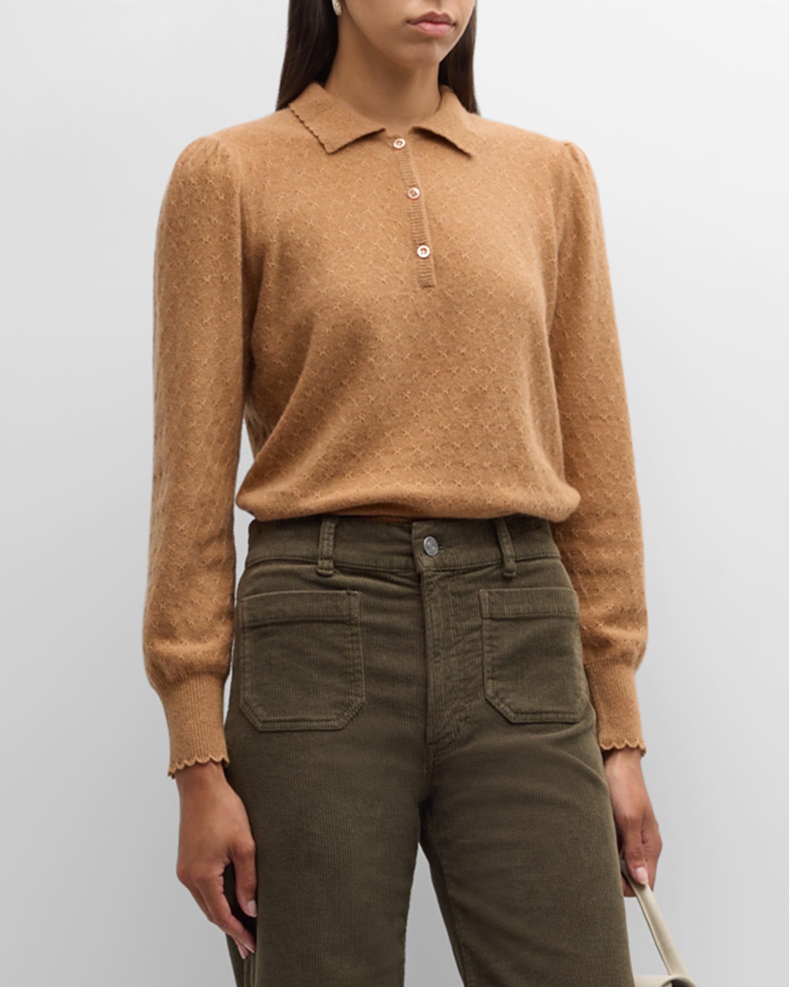 FRAME Scalloped Cashmere Polo Sweater | Neiman Marcus