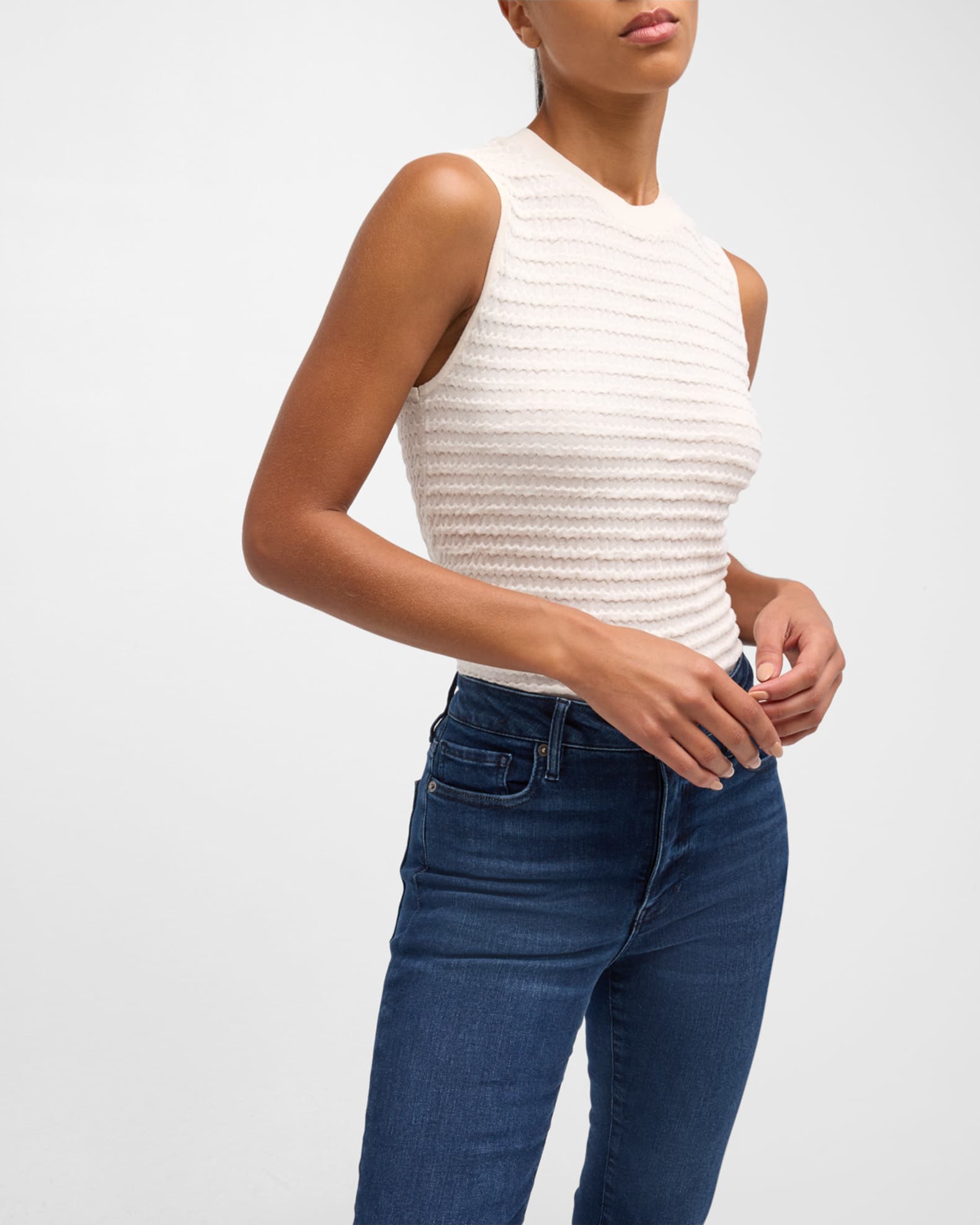 FRAME Smocked Sleeveless Crewneck Top | Neiman Marcus