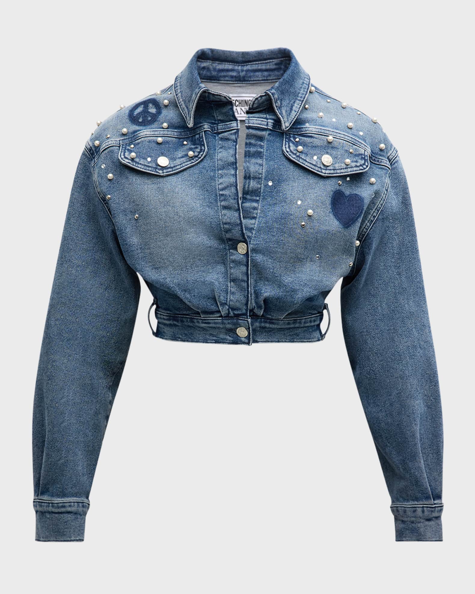 Moschino Jeans Pearl-Embellished Cropped Denim Jacket | Neiman Marcus