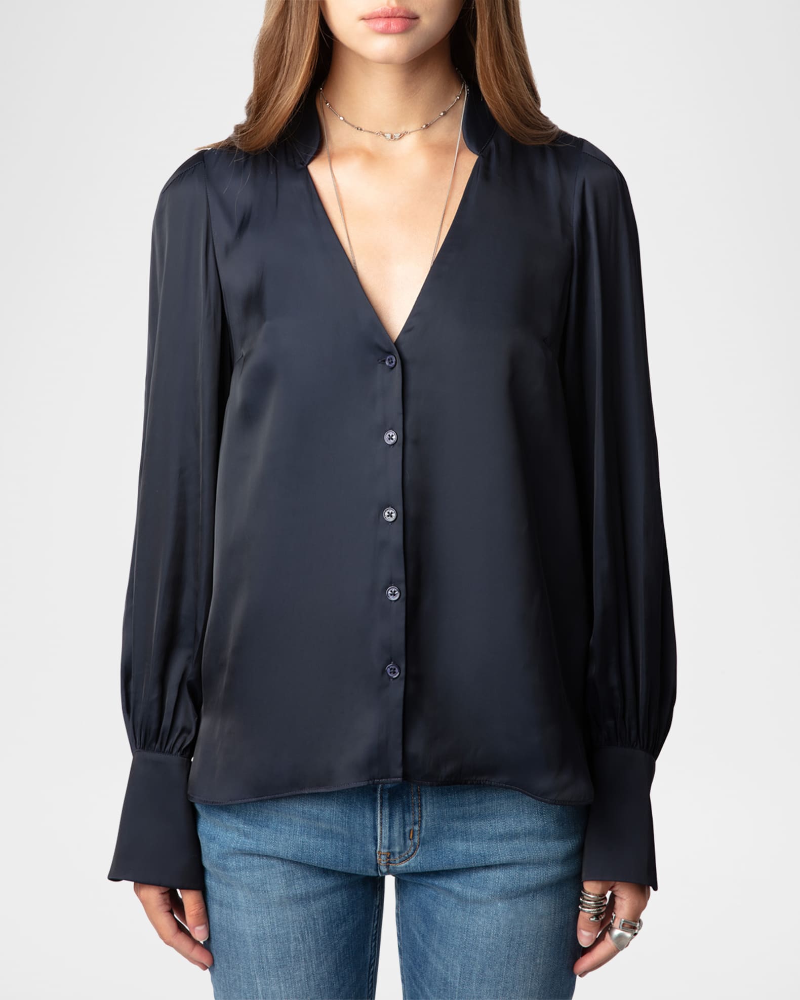 Zadig & Voltaire Tinous Split-Neck Bishop-Sleeve Satin Blouse | Neiman ...