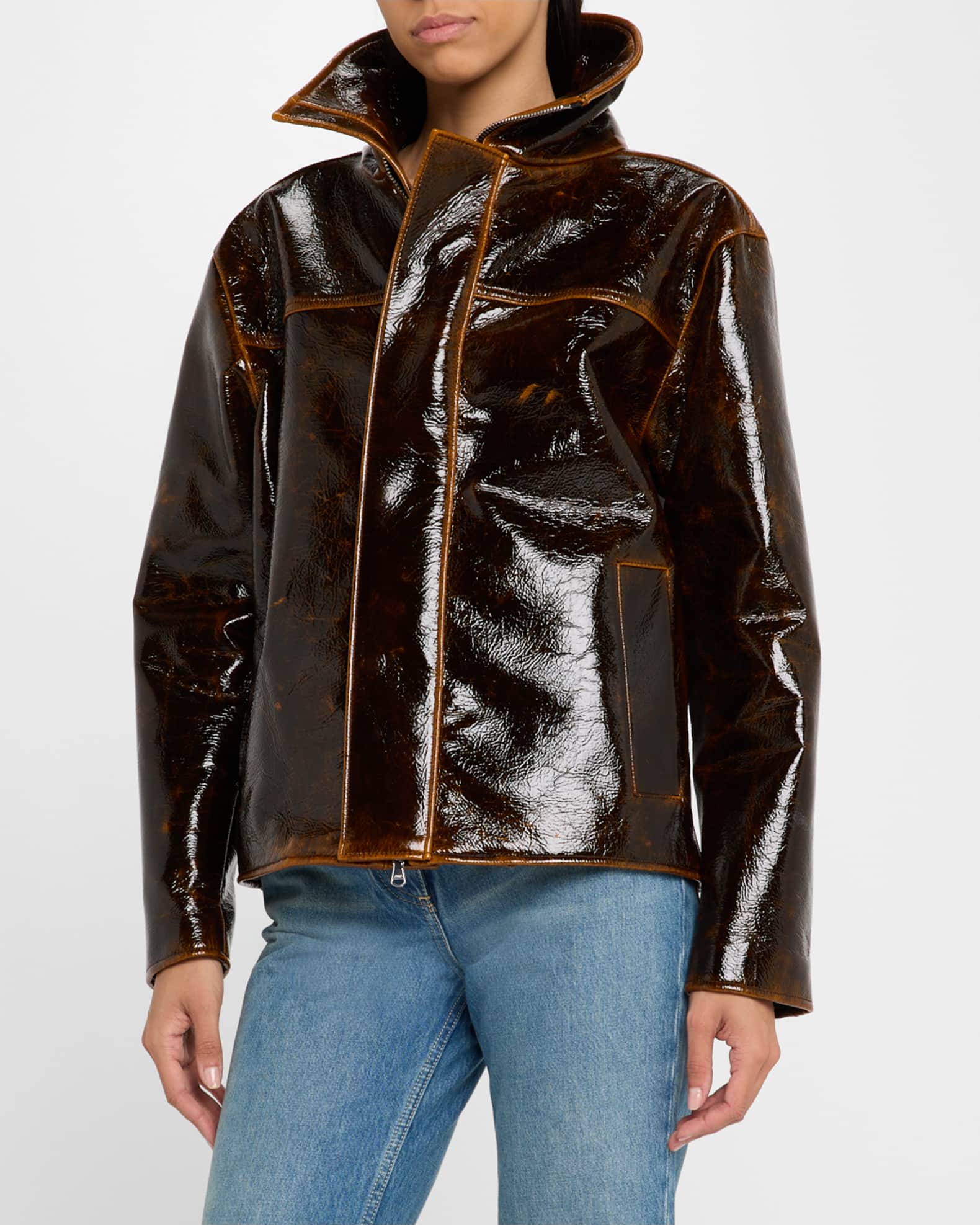 Brandon Maxwell Everett Patent Faux-Leather Trucker Jacket | Neiman Marcus