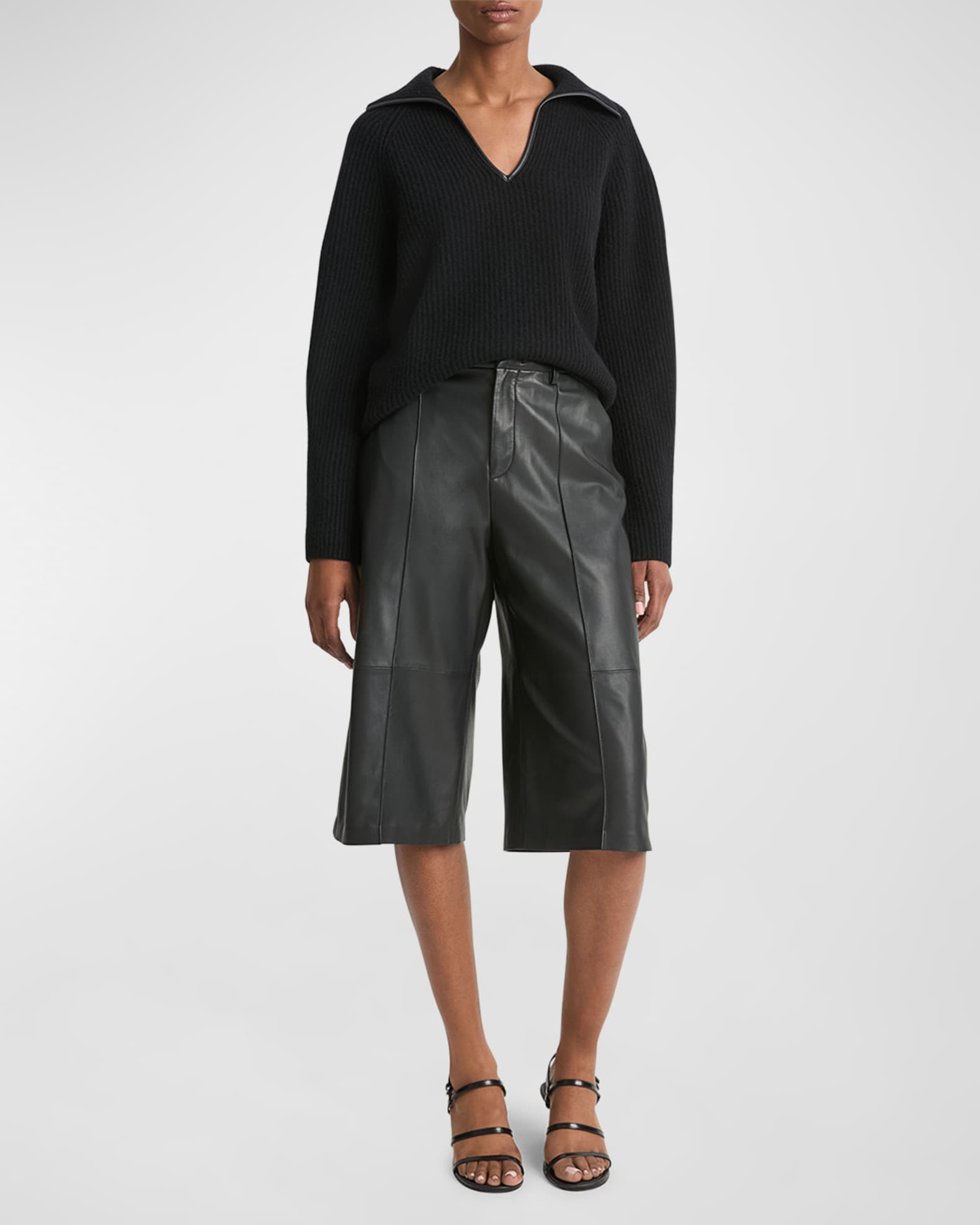 Vince Ribbed Polo Sweater with Leather Trim | Neiman Marcus