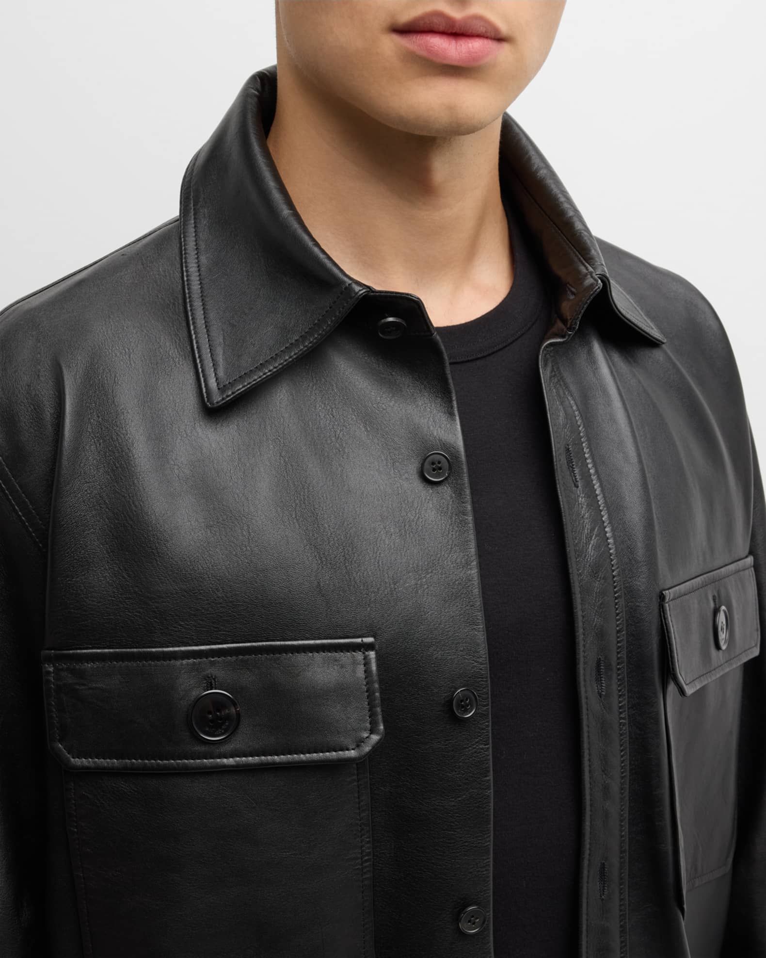 Saint Laurent Men's 2-Pocket Leather Overshirt | Neiman Marcus