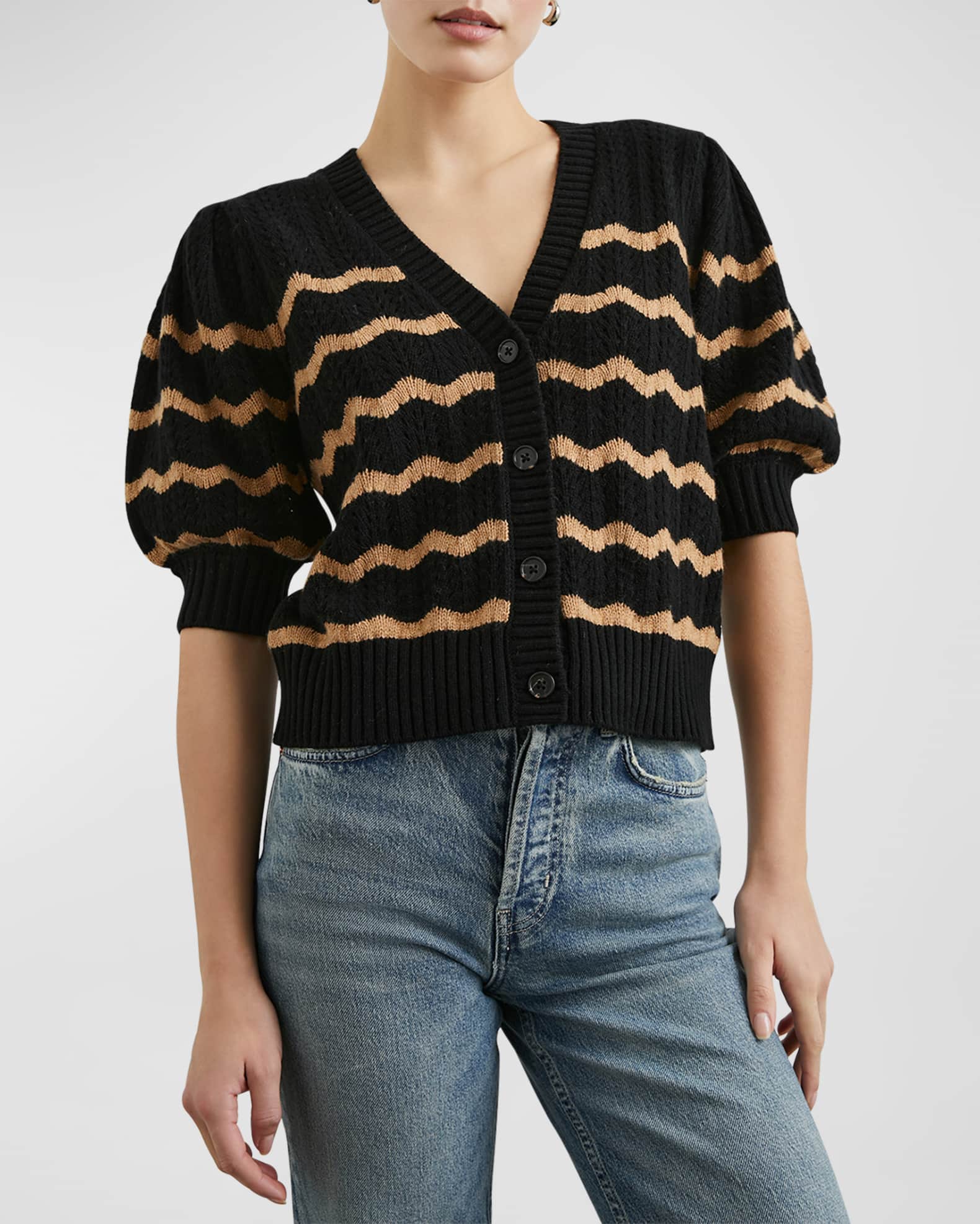 Rails Isla Squiggle Striped Puff-Sleeve Cardigan | Neiman Marcus