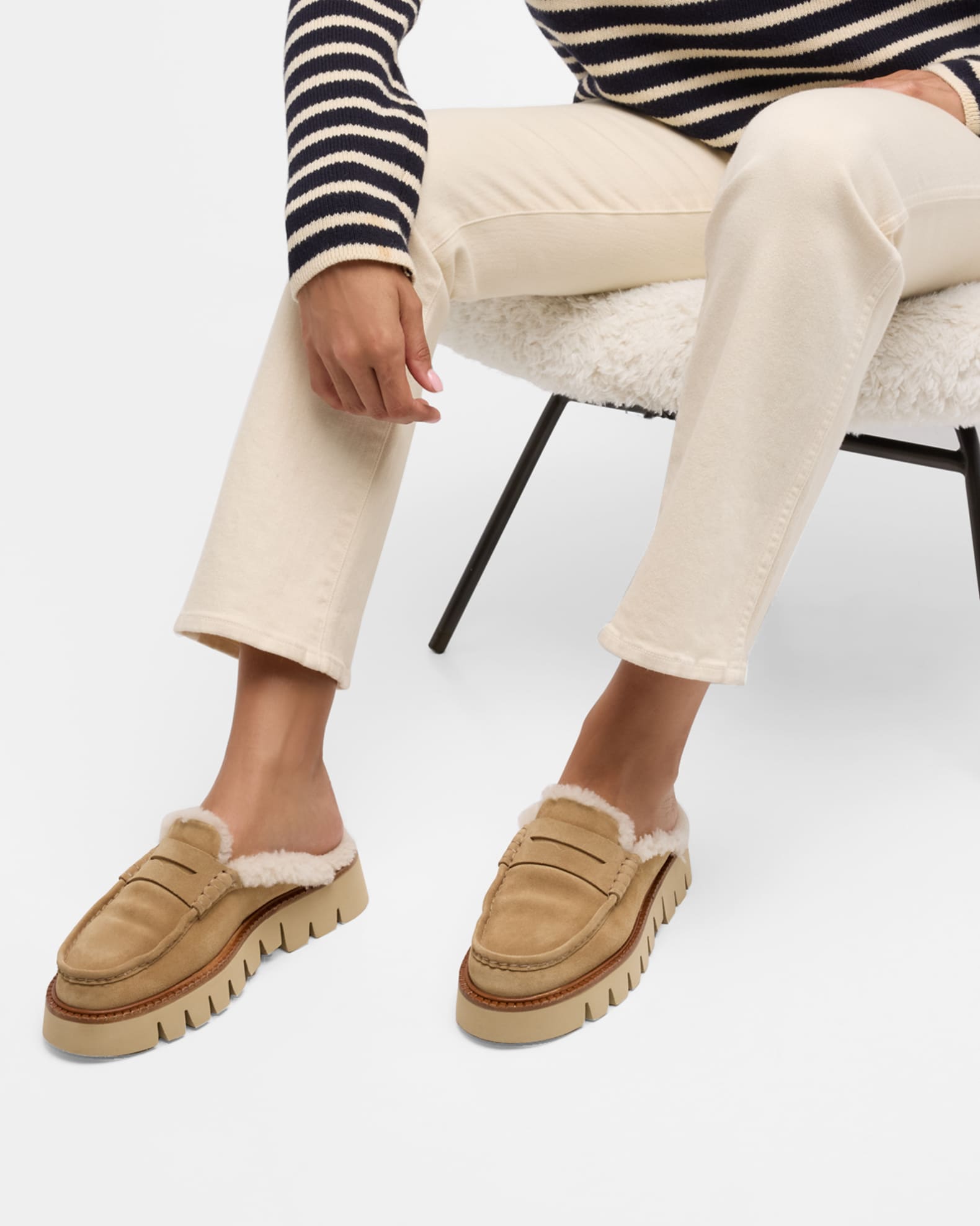 Pedro Garcia Savy Suede Shearling Penny Loafer Mules | Neiman Marcus