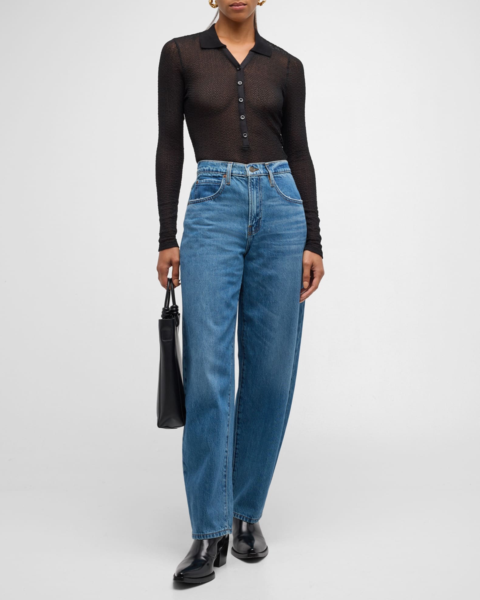 FRAME Sheer Mesh Lace Polo Top | Neiman Marcus