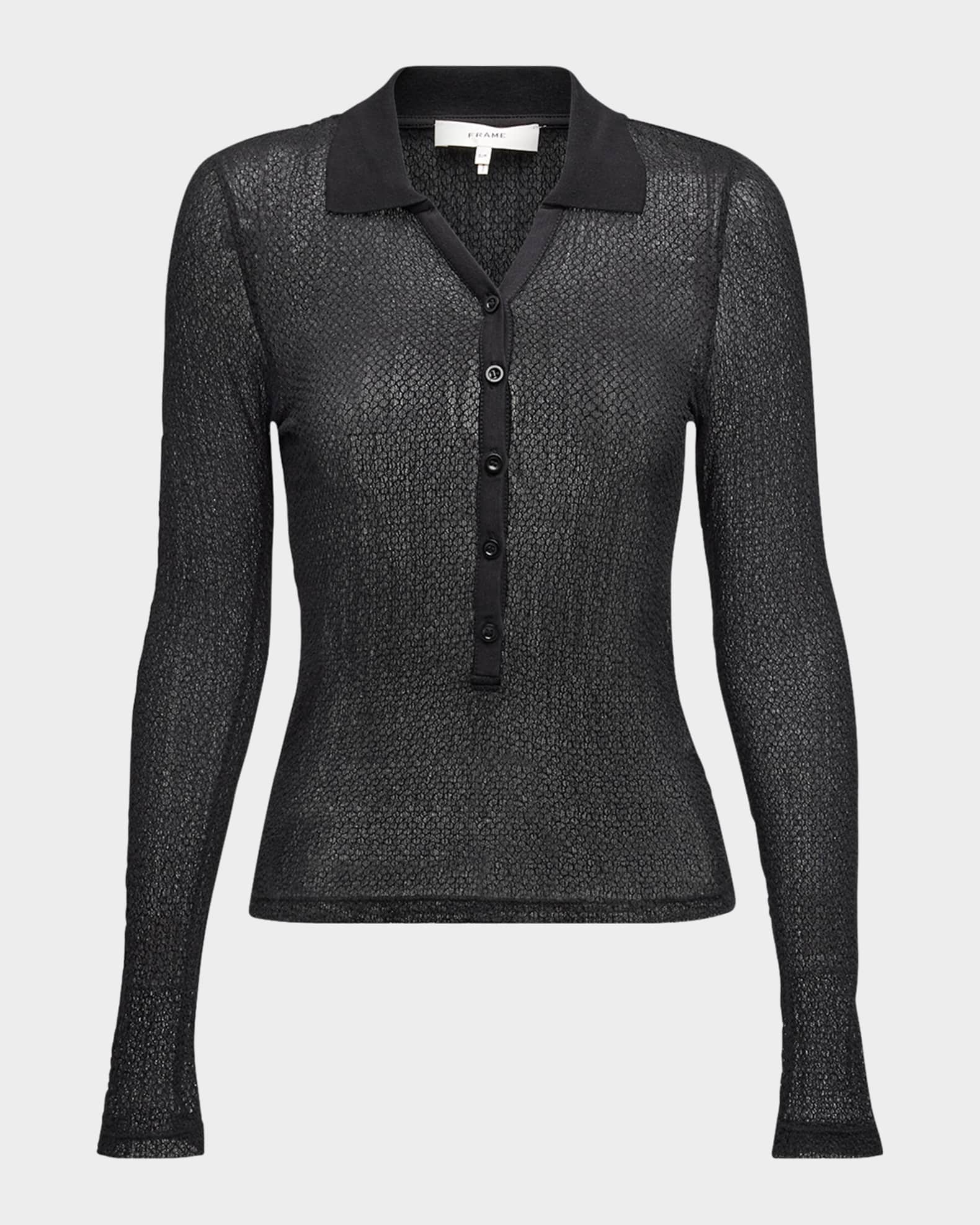 FRAME Sheer Mesh Lace Polo Top | Neiman Marcus