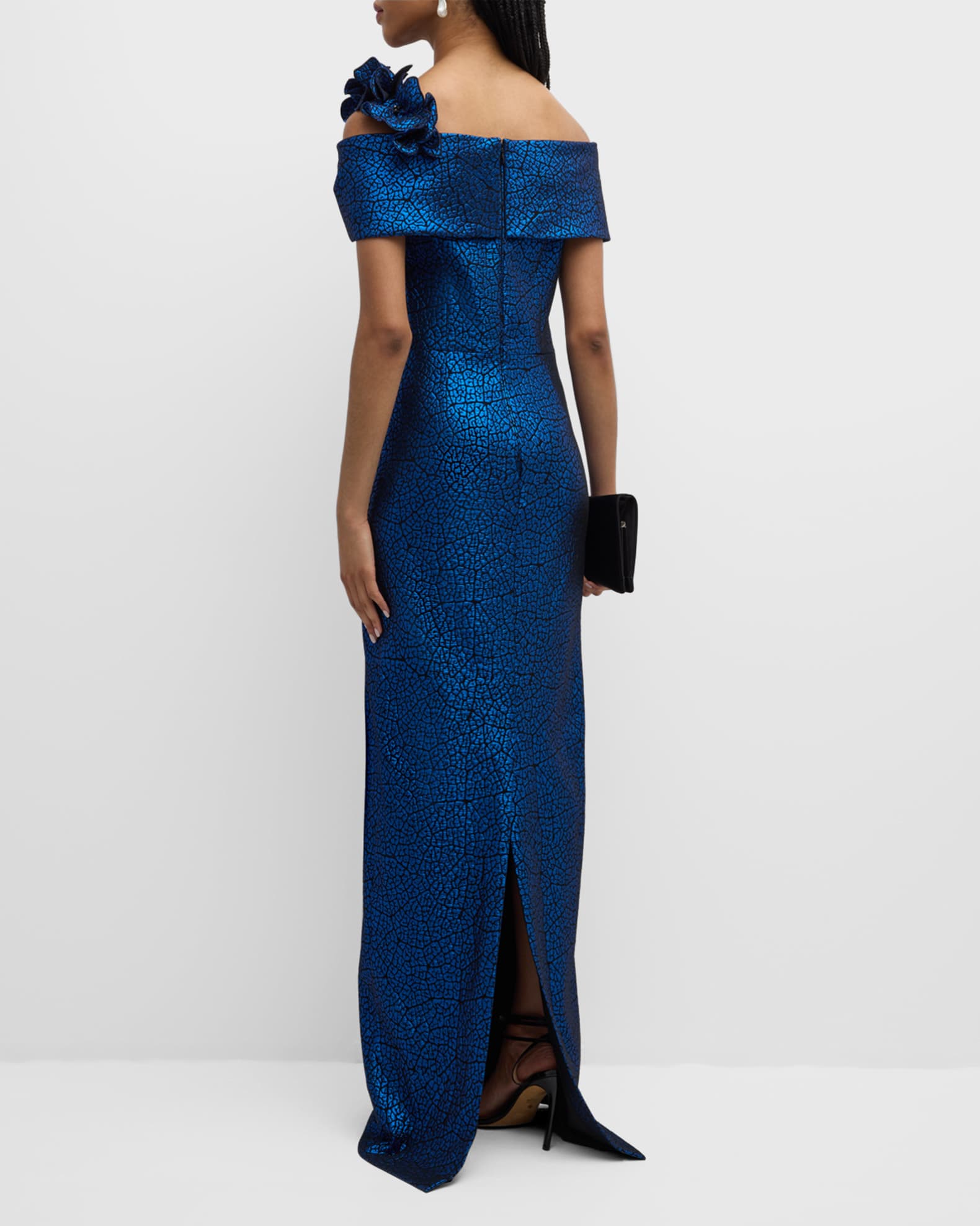 Rickie Freeman for Teri Jon One-Shoulder Metallic Jacquard Column Gown ...