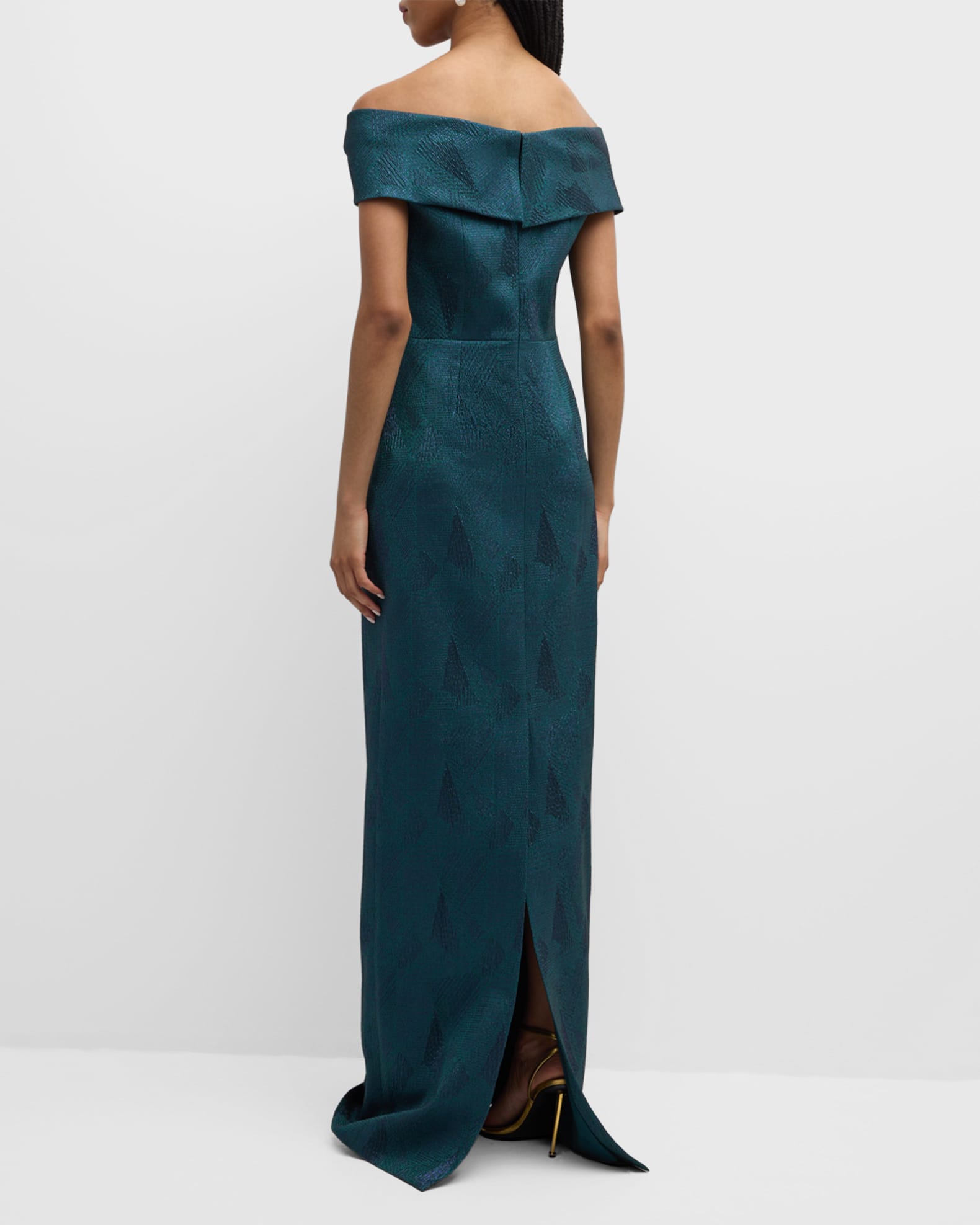 Rickie Freeman for Teri Jon Off-Shoulder Stretch Jacquard Column Gown ...