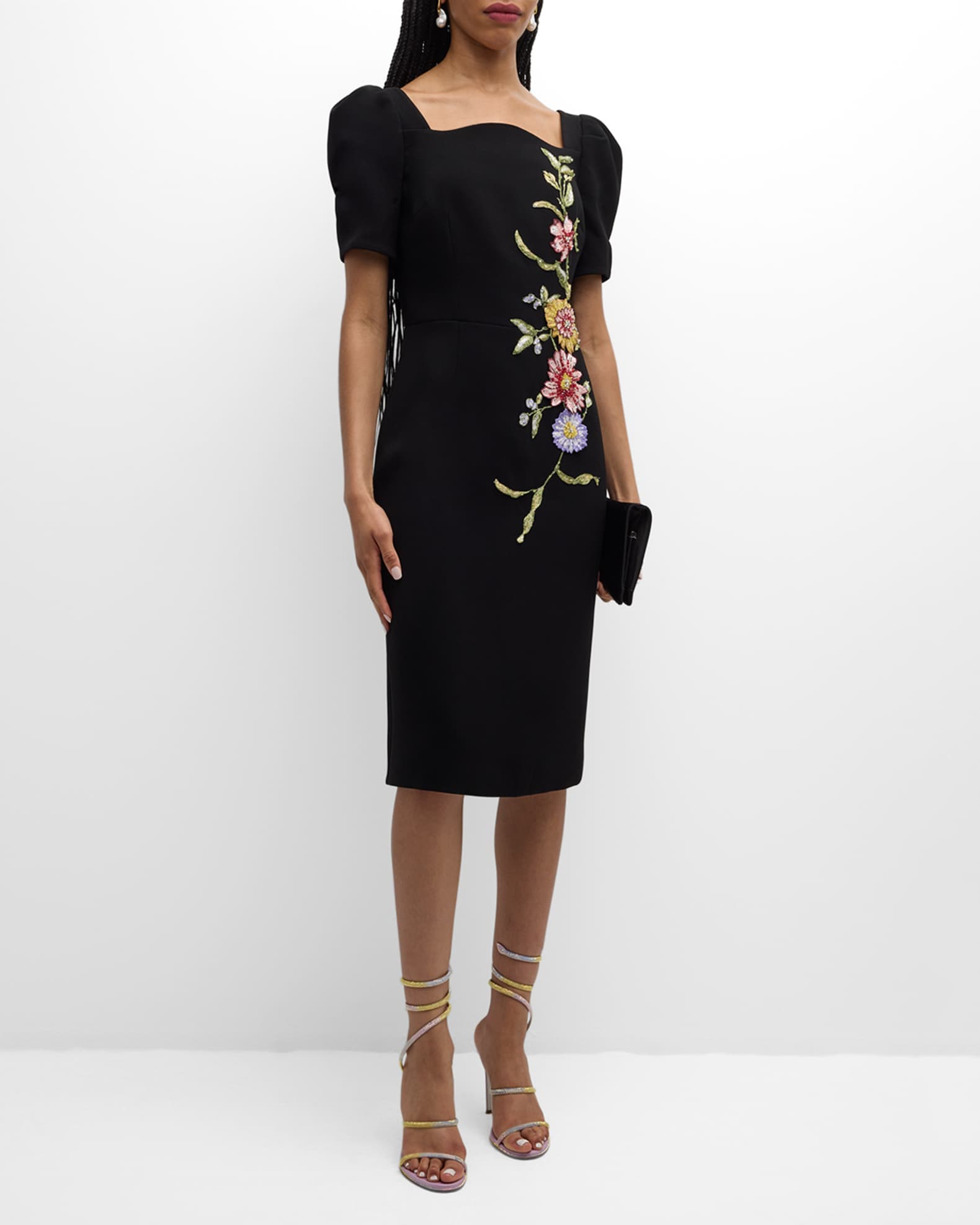 Rickie Freeman for Teri Jon Puff-Sleeve Floral Applique Dress | Neiman ...