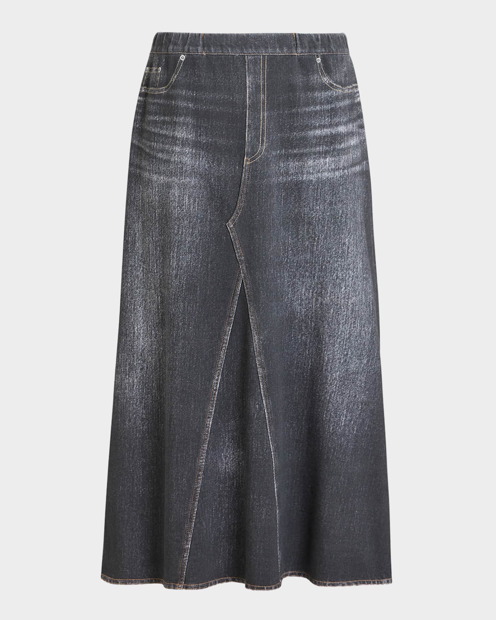 Marina Rinaldi Plus Size Laccato Denim-Print Midi Skirt | Neiman Marcus