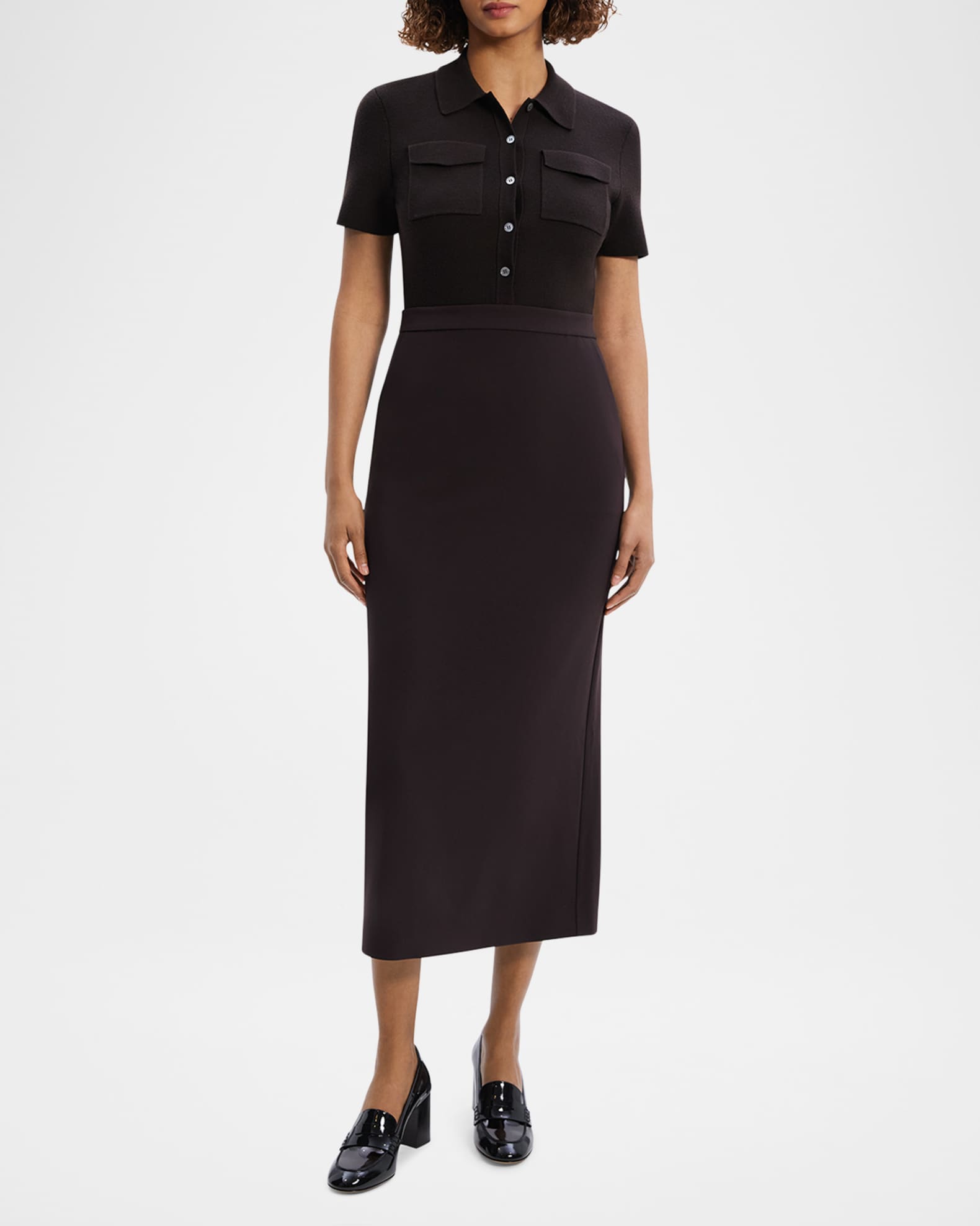 Theory Admiral Crepe Short-Sleeve Utility Midi Dress | Neiman Marcus