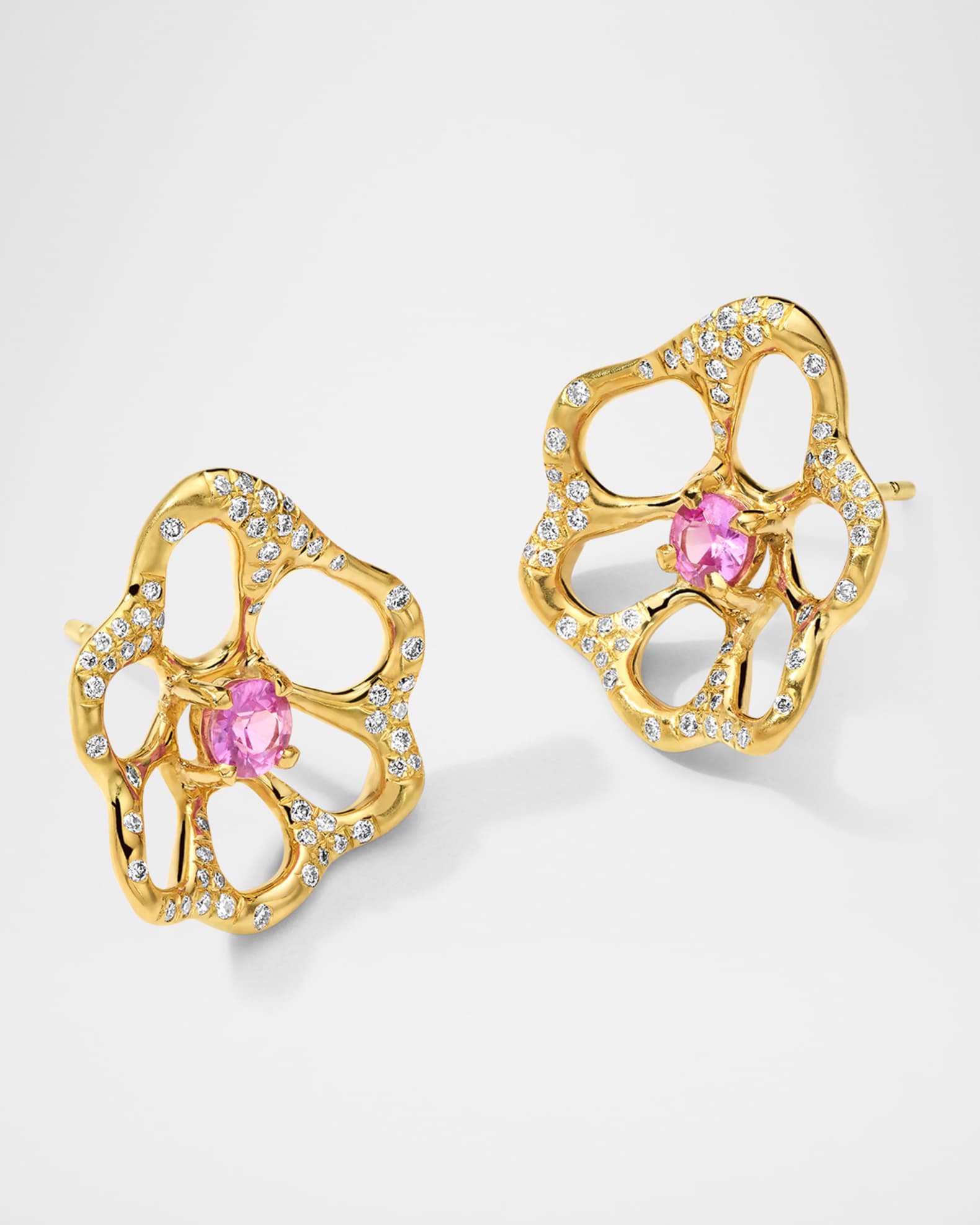 Ippolita 18K Gold Stardust Drizzle Flora Medium Diamond Stud Earrings with Pink Sapphires ...