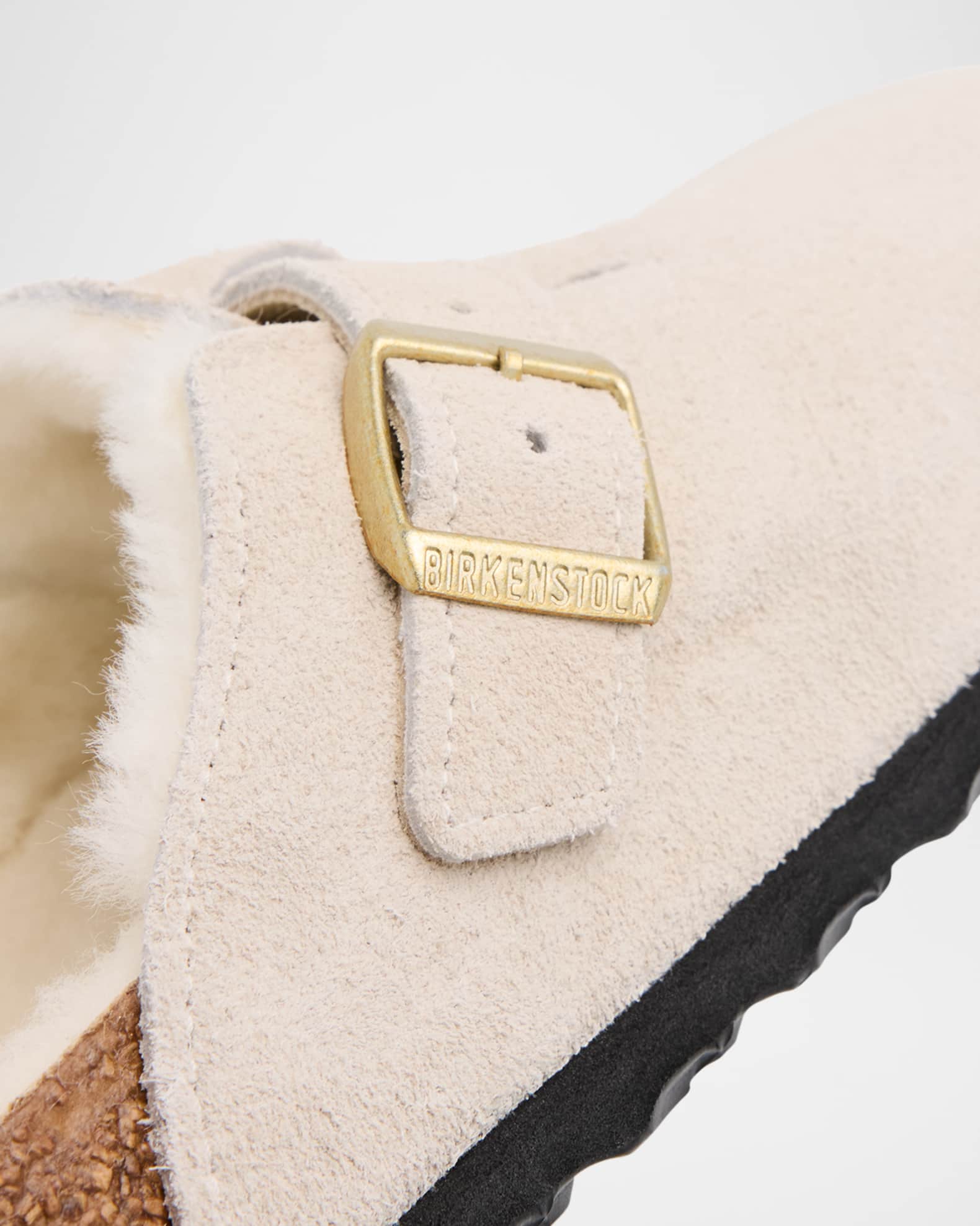 BIRKENSTOCK Boston Suede Shearling Buckle Slide Clogs | Neiman Marcus