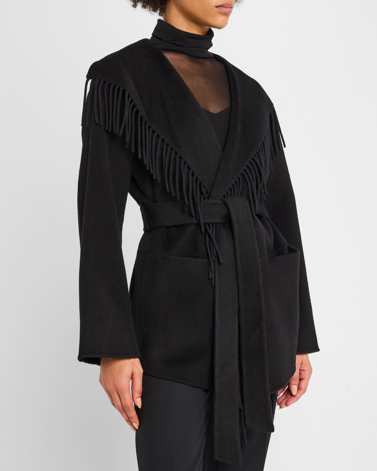 SIMKHAI Rowen Fringe Belted Wool-Blend Jacket | Neiman Marcus