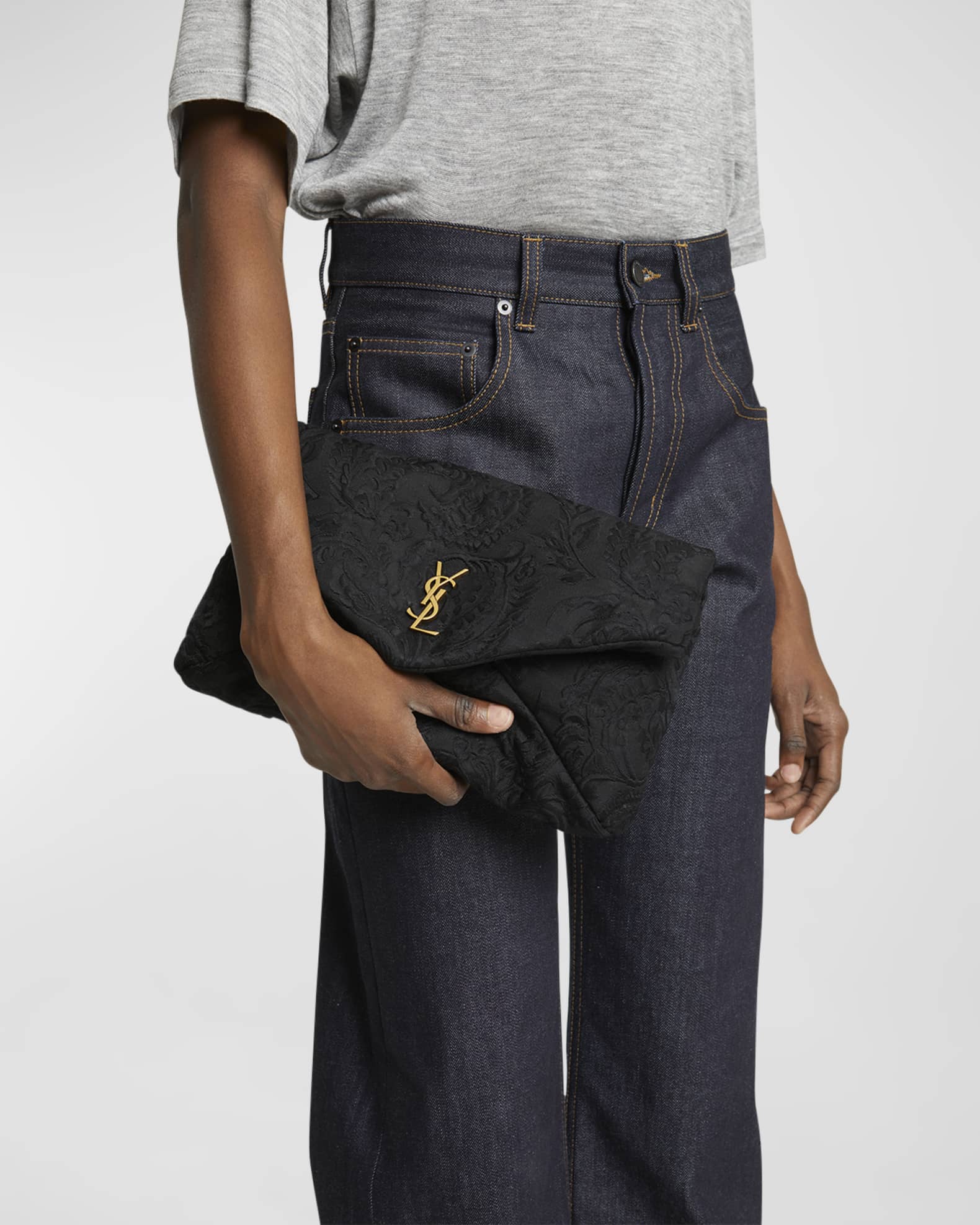 Saint Laurent Large YSL Envelope Pouch in Lace Brocade Wool | Neiman Marcus