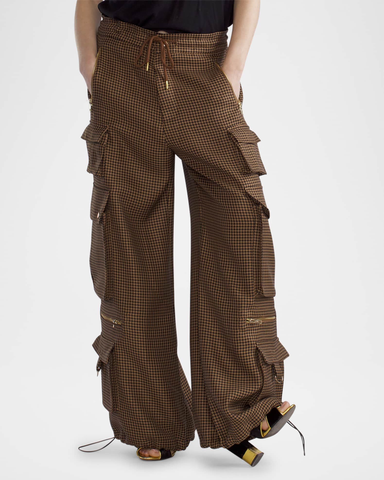 Cynthia Rowley Wide-Leg Houndstooth Cargo Pants | Neiman Marcus