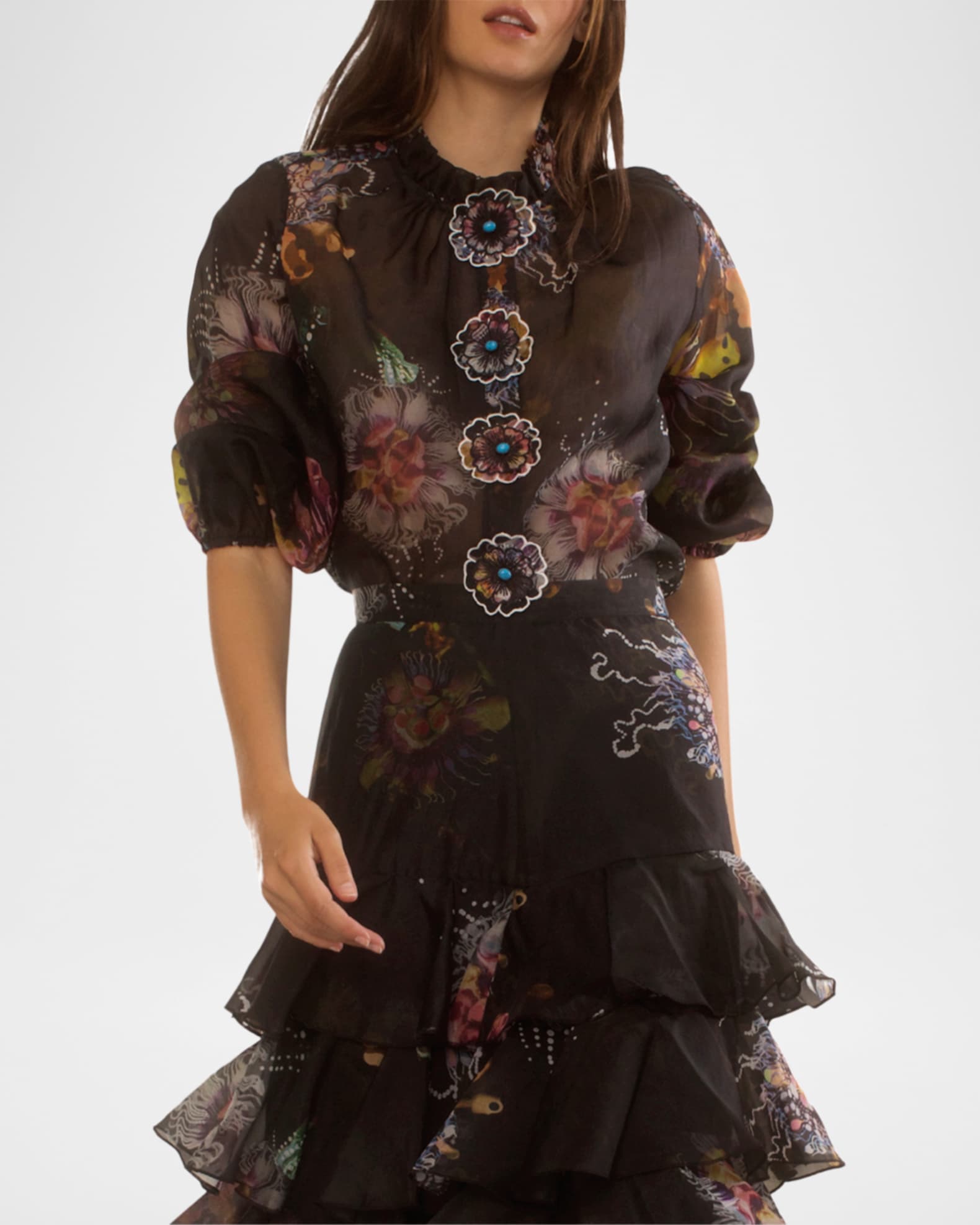 Cynthia Rowley Floral-Print Silk Organza Blouse | Neiman Marcus