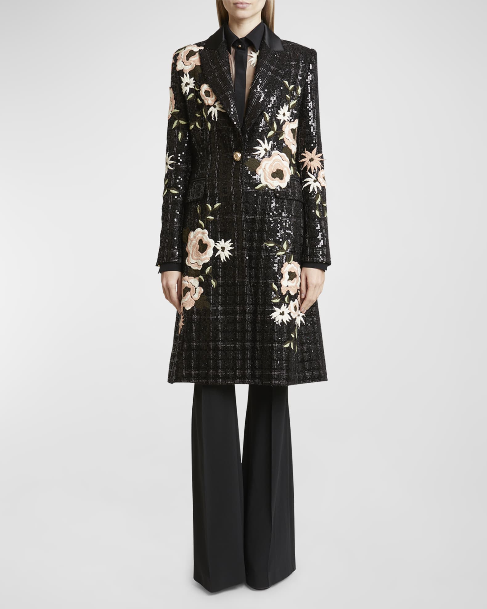 Elie Saab Floral Embroidered Paillette Tweed Coat | Neiman Marcus