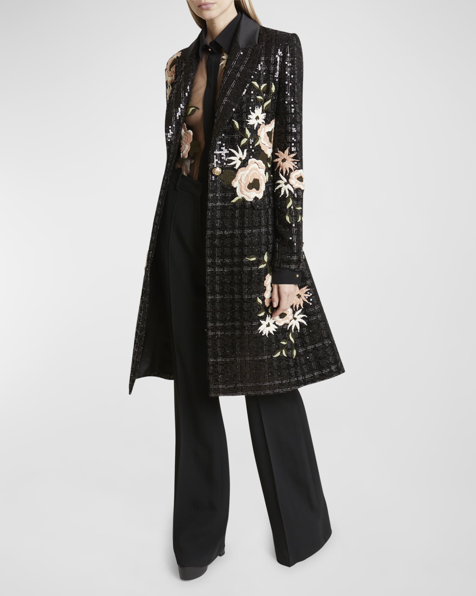 Elie Saab Floral Embroidered Paillette Tweed Coat | Neiman Marcus