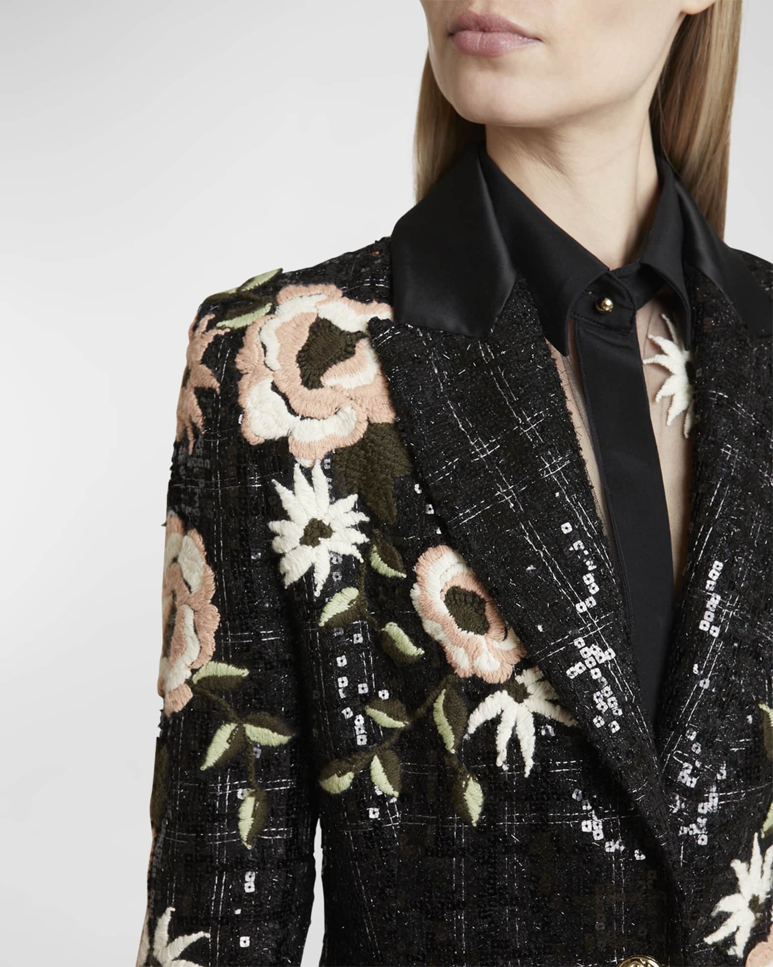 Elie Saab Floral Embroidered Paillette Tweed Coat | Neiman Marcus