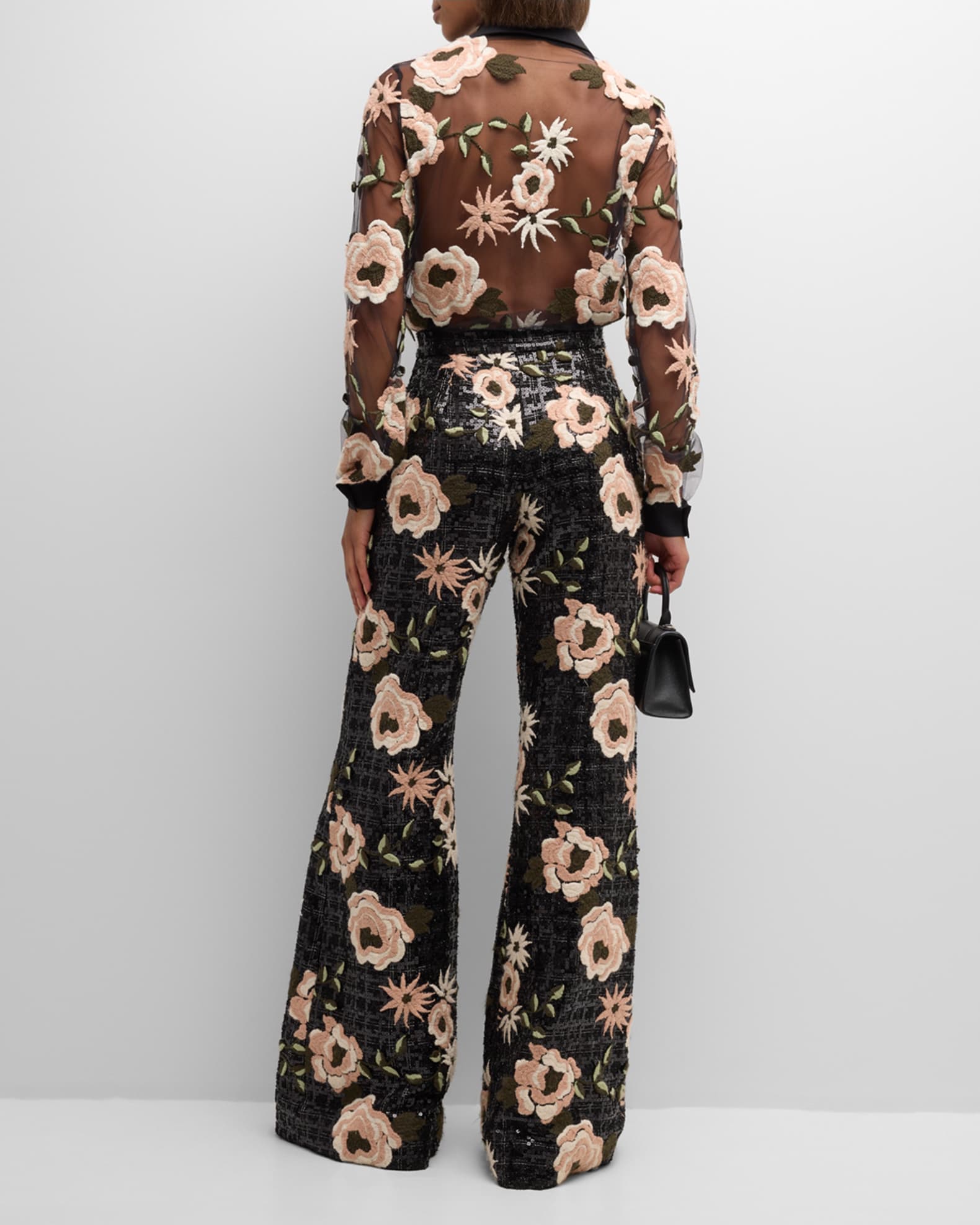 Elie Saab Tweed Floral-Embroidered Pants | Neiman Marcus